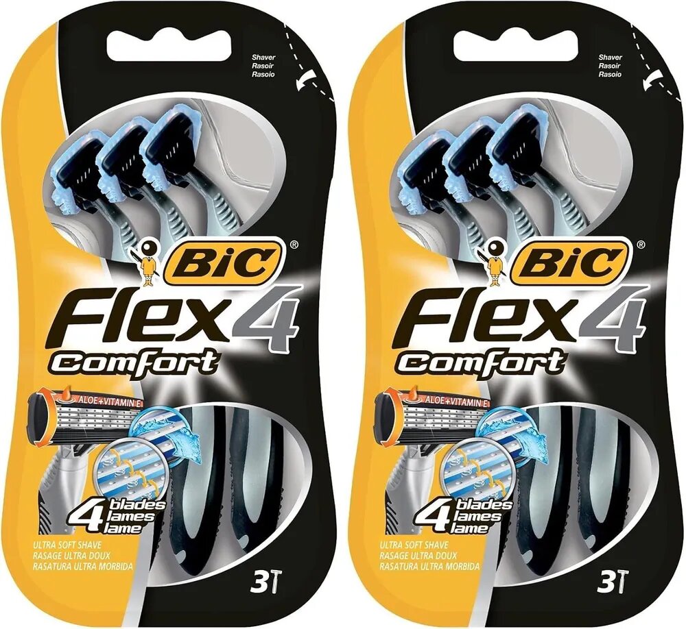 Мужская бритва BIC Flex 4, 3-секционный блистер (4 лезвия), 4 независимо движущихся лезвия, подвижная головка, увлажняющая гелевая полоска с алоэ вера, упаковка 2 шт.