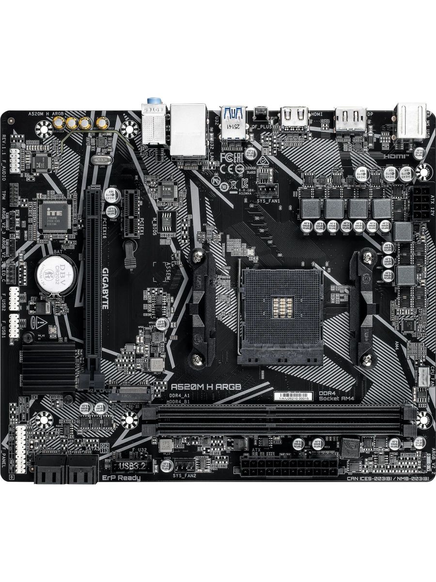 Материнская плата Gigabyte A520M H ARGB Soc-AM4 AMD A520 2xDDR4 mATX AC`97 8ch(7.1) GbLAN RAID+HDMI+DP
