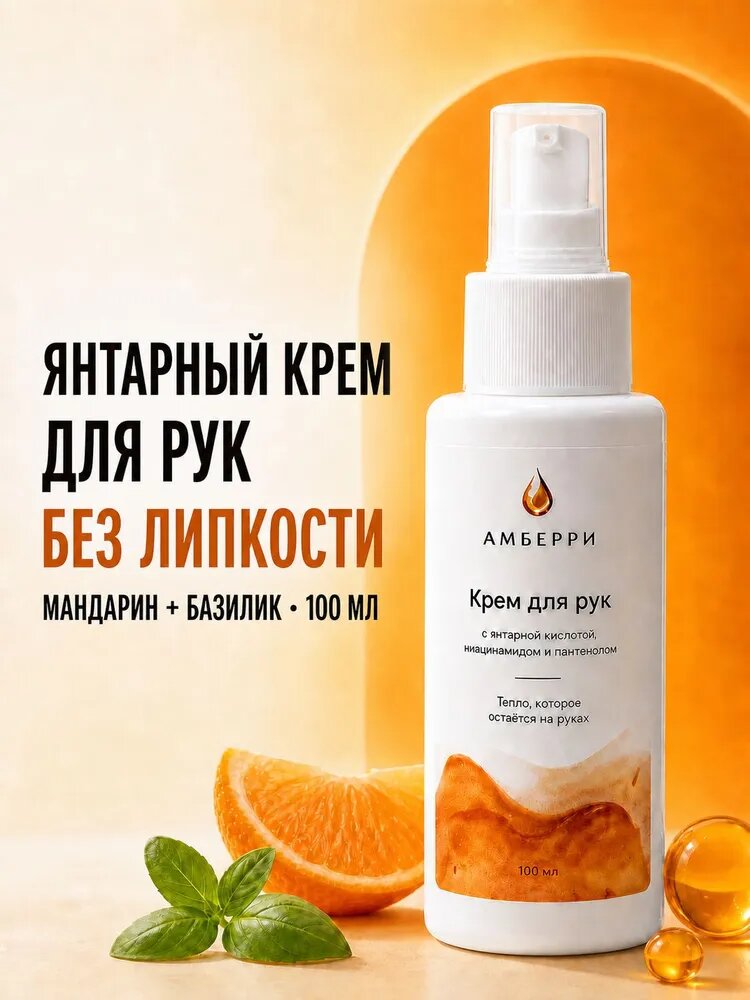Янтарный крем для рук Амберри с дозатором, увлажняющий и парфюмированный, мандарин и базилик, 100 мл