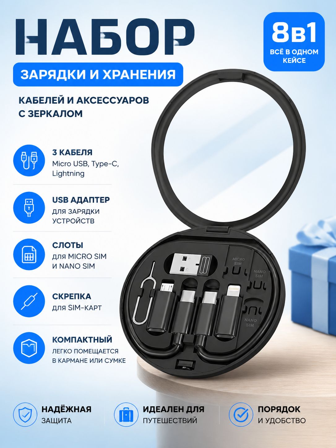 Компактный дорожный кейс для кабелей многофункциональный со встроенным зеркалом