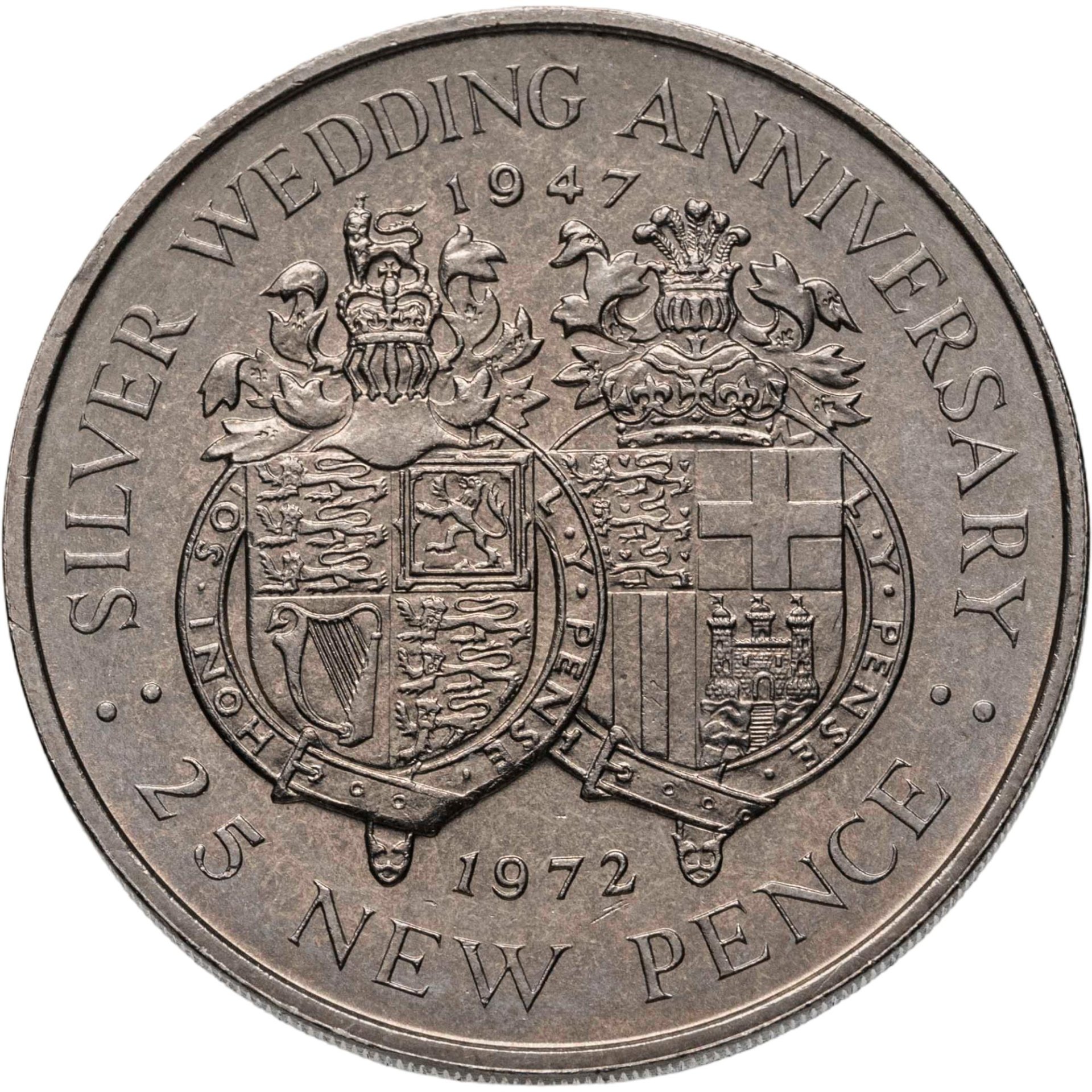 Гибралтар 25 новых пенсов new pence 1972 "25 лет свадьбе Королевы Елизаветы II и Принца Филиппа", Мельхиор медь-никель, в сохранности AU-UNC