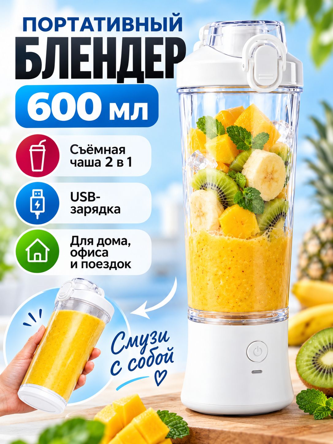 Портативный блендер для смузи и коктейлей, мини блендер аккумуляторный, 600 мл, 6 лезвий, белый