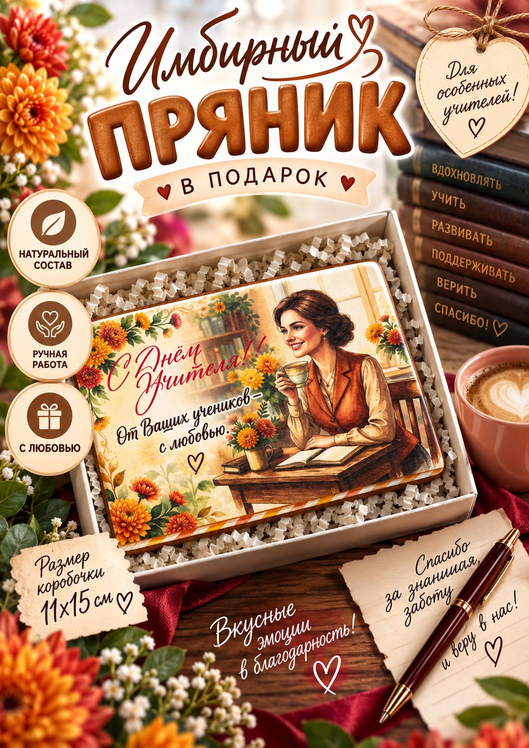 Имбирные пряники На День учителя, 1 пряник в подарочной коробочке