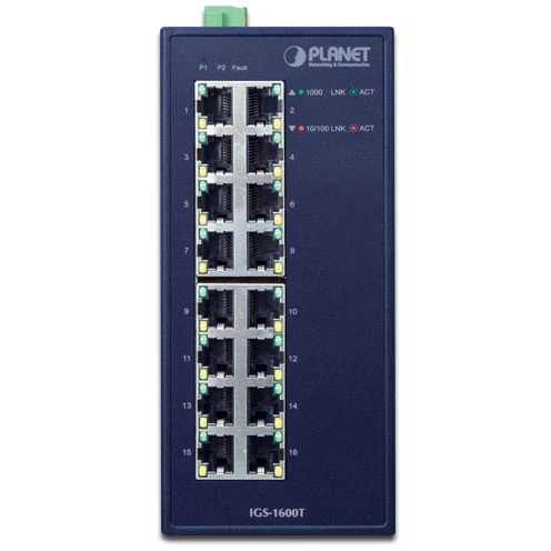 IGS-1600T PLANET коммутатор/ PLANET IP30 Industrial 16-Port 10/100/1000T Gigabit Ethernet Switch (-40~75 degrees C, d — фото 1