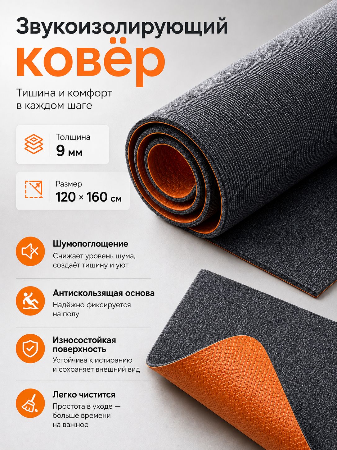 Звукоизолирующий ковер 9мм 120х160cм / Звукоизоляция / Шумоизоляция