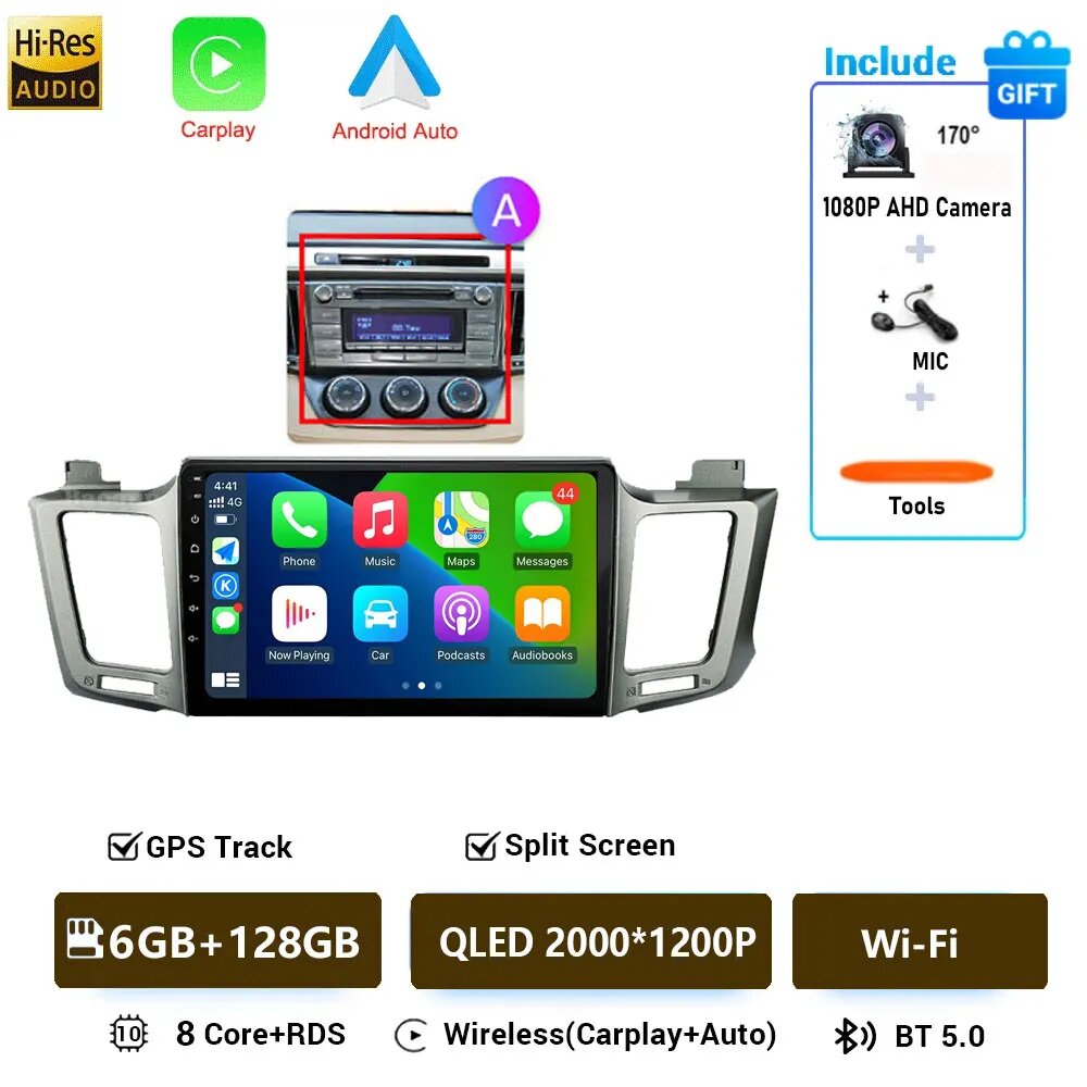 Автомагнитола Android 16 Carplay для Toyota RAV4 2012-2019, 6G-128G, CAM, Цвет: A