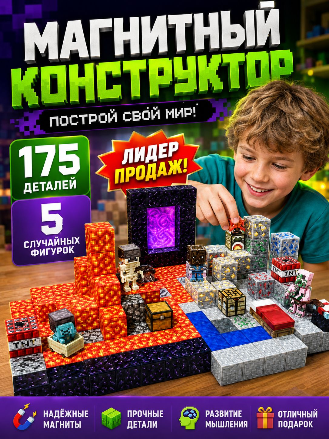 Майнкрафт, Магнитный конструктор Лава и портал 175 деталей, пиксельный игровой набор с 5 случайными мини-фигурками для детей
