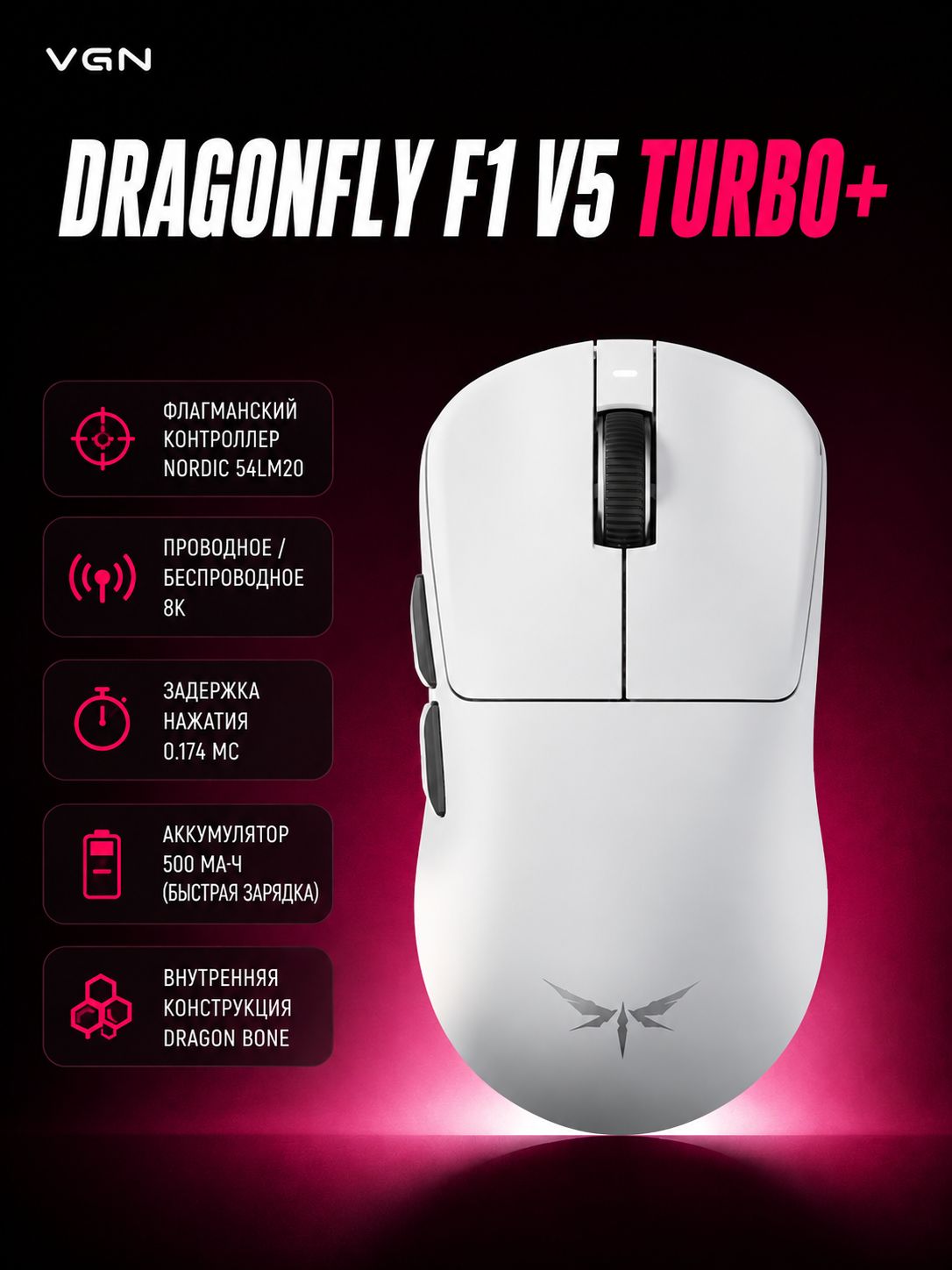 VGN Dragonfly F1 V5 Turbo+ беспроводная игровая мышь, PAW3955 Extreme, Dual 8K, 56 г, 2.4G/Bluetooth/USB