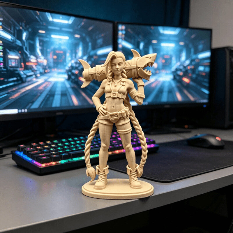 Новая популярная модель женщины-воительницы, напечатанная на 3D-принтере, с большой ракетной установкой в виде акулы, служит украшением для рабочего стола.