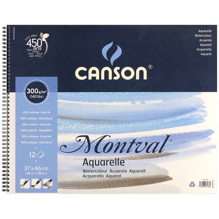 "Canson" Альбом для акварели "Montval" 100 % целлюлоза 300 г/м2 A3+ 37 х 46 см на спирали 12 л. - C200807168 мелкозернистая