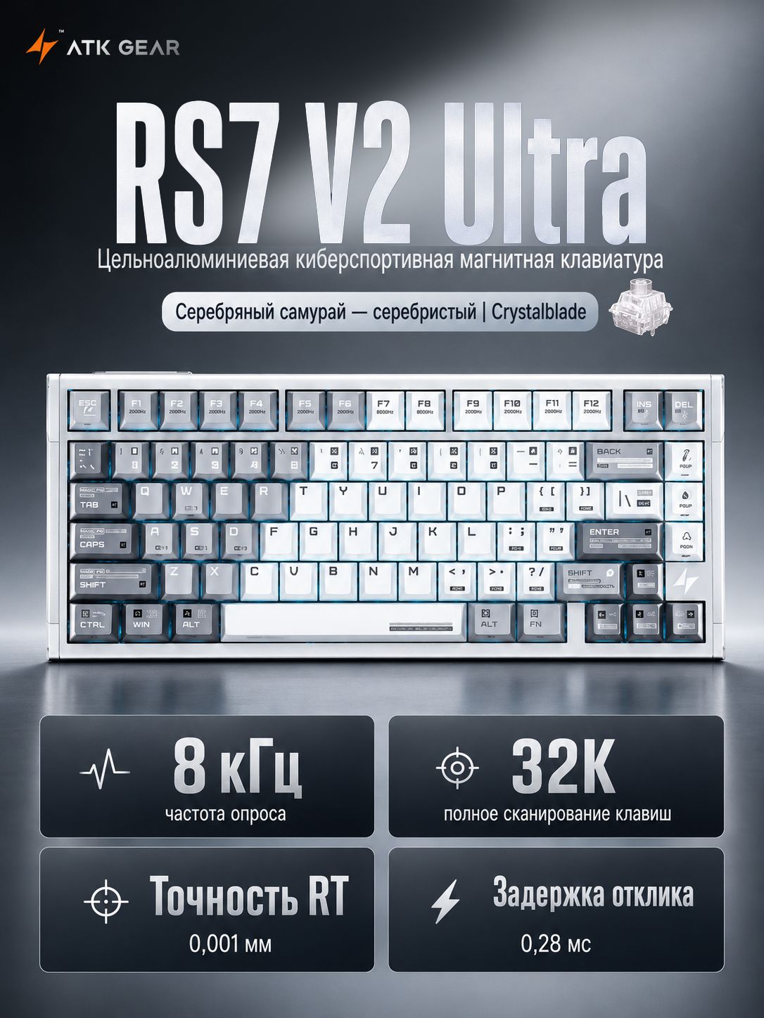 ATK RS7 V2 Ultra Crystalblade клавиатура Hall Effect 75%, 81 клавиша, 8000 Гц, RT, SOCD