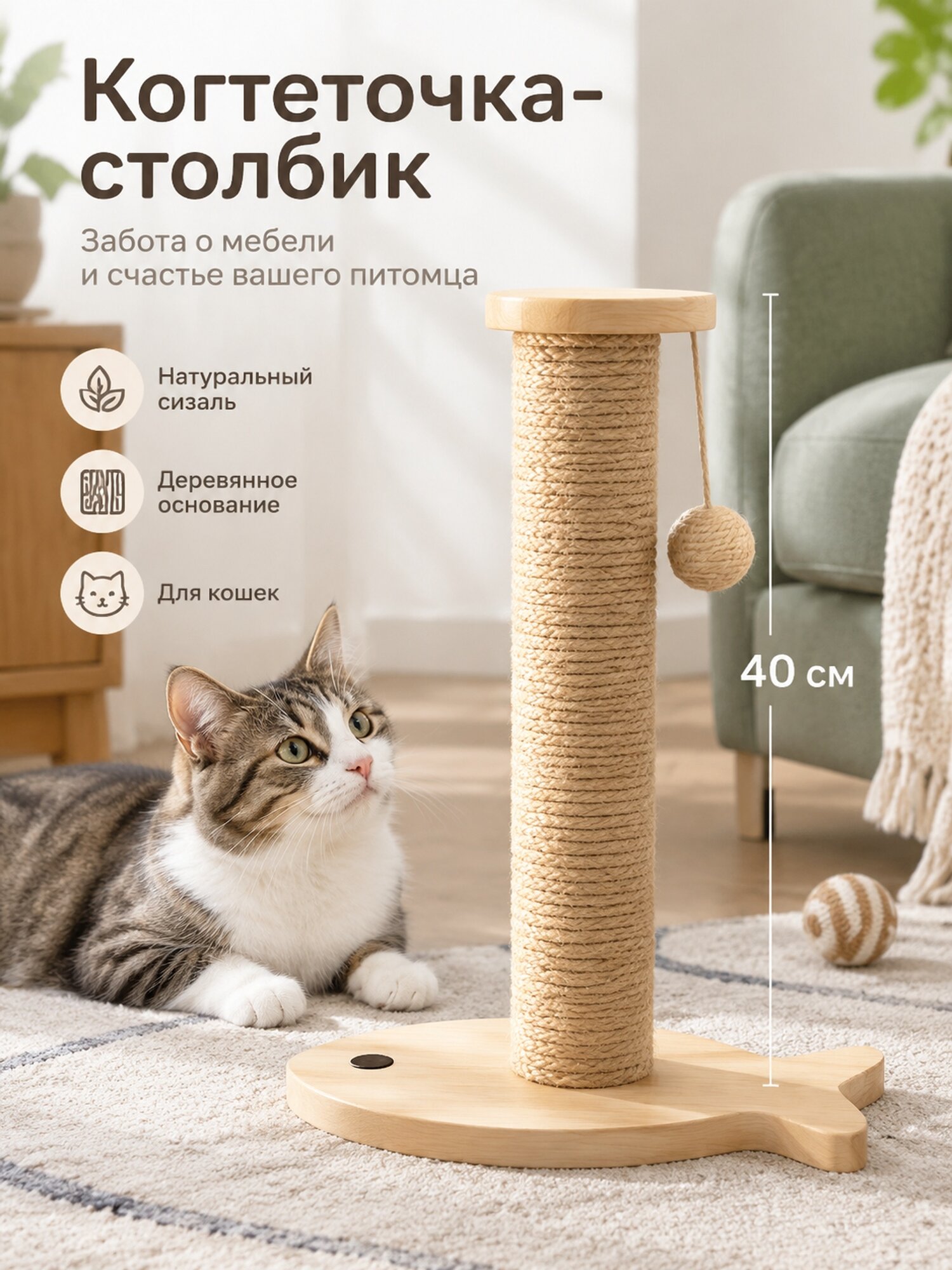 Когтеточка-столбик для кошек 40 см на деревянном основании в форме рыбы