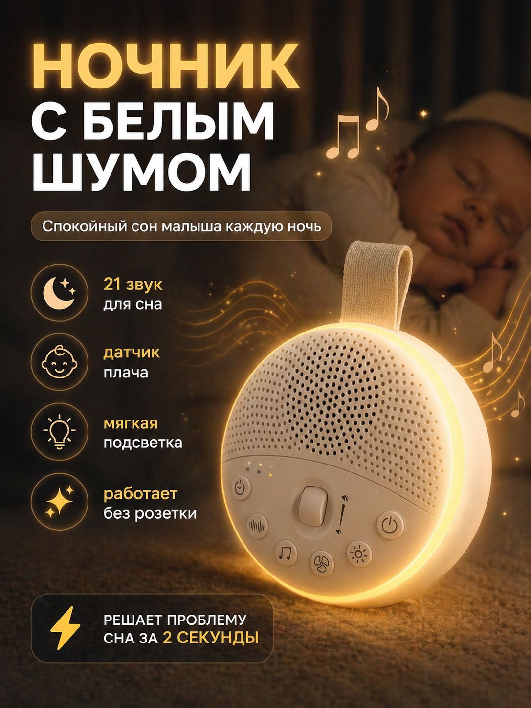Ночник с белым шумом и звуками природы для сна детей, новорожденных и взрослых