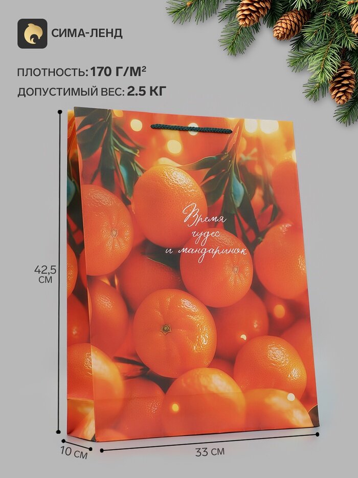 Пакет подарочный «Время чудес и мандаринок», 33×10×42.5 см