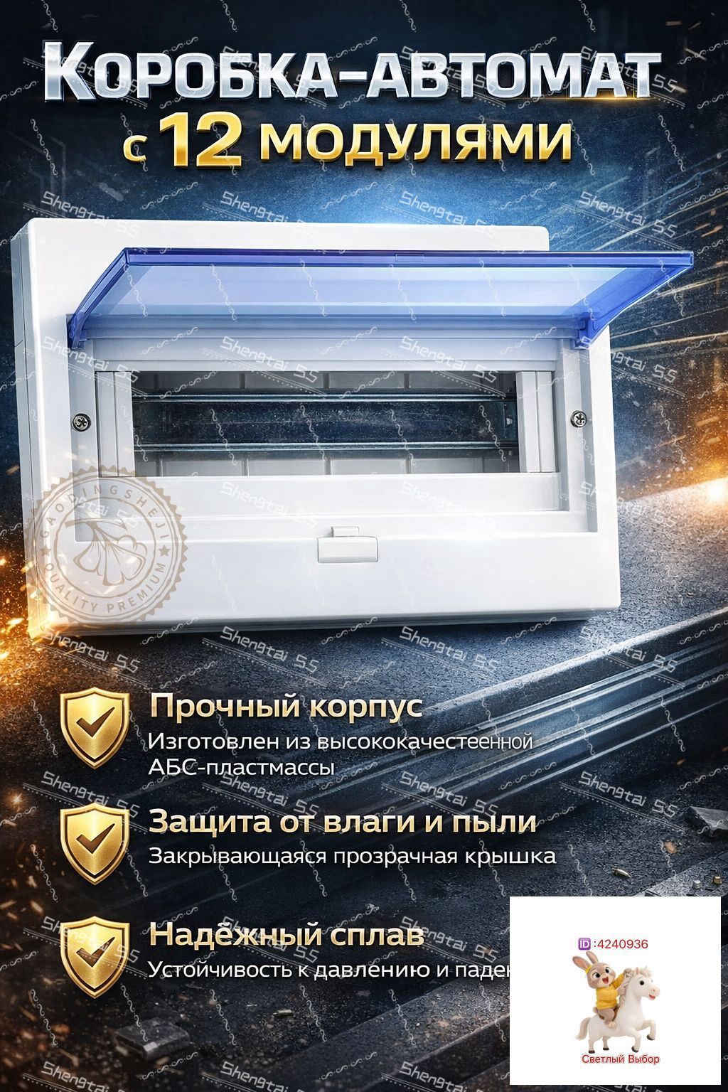 Распределительный электрический щиток (бокс) на 12 модулей для автоматов и УЗО, пластиковый корпус с DIN-рейкой,