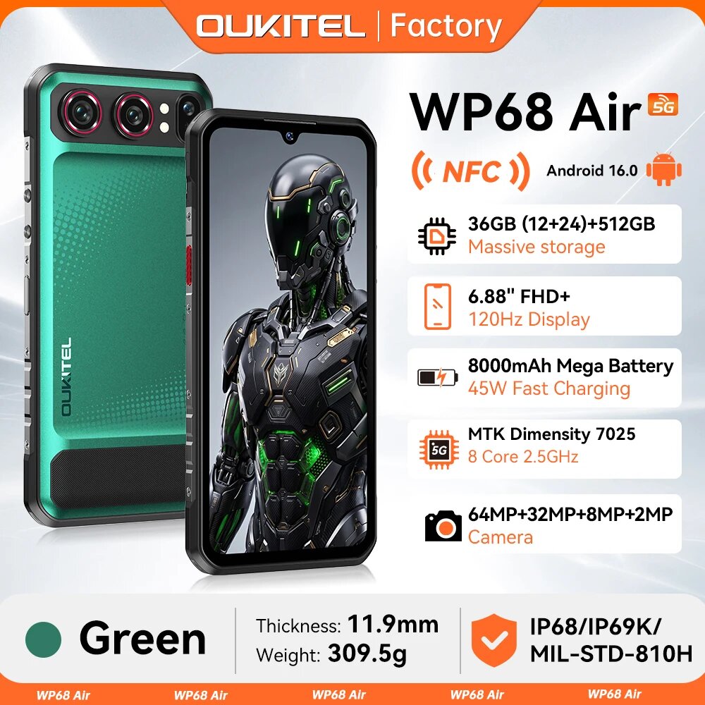 OUKITEL WP68 Air 5G, 6.88", 36/512 ГБ, 8000 мА·ч, 64