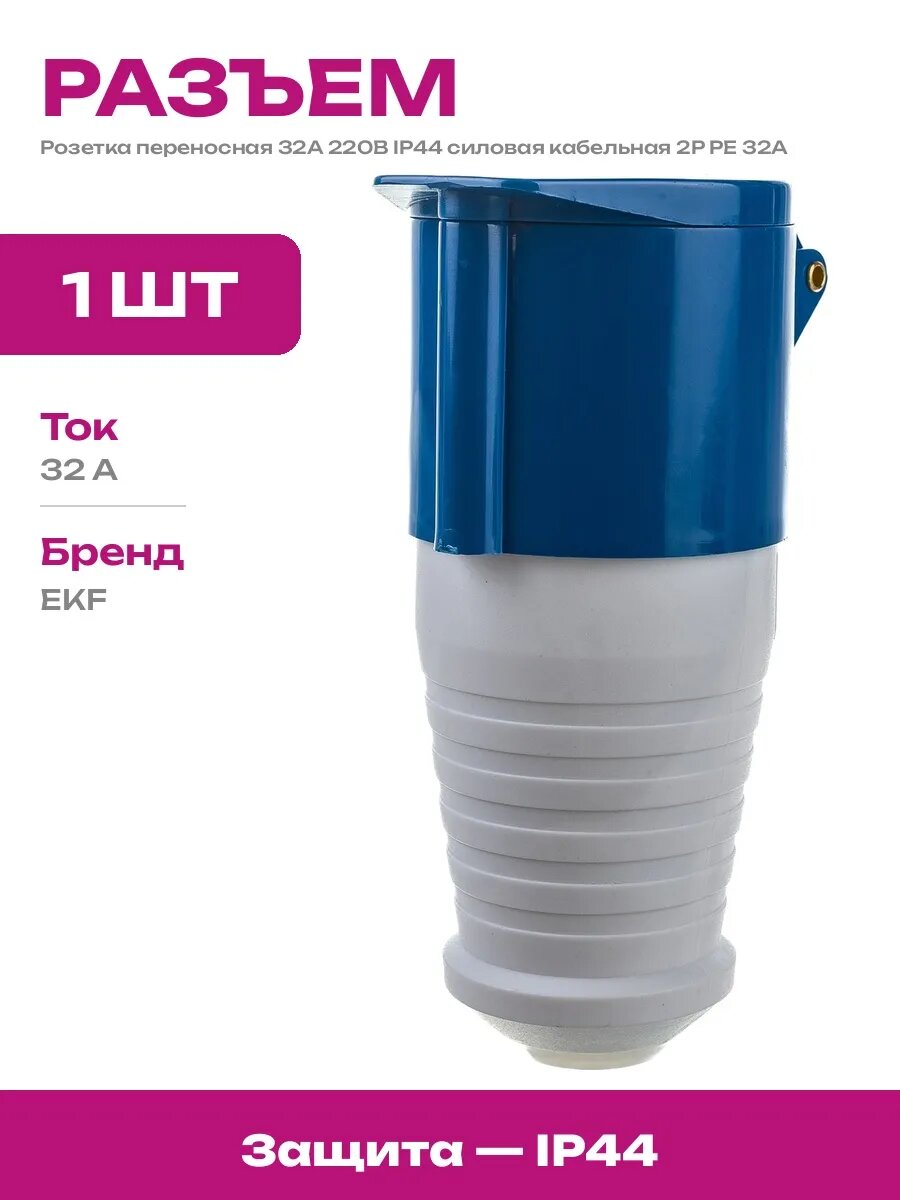Розетка переносная 32А 220В влагозащищенная для кабеля 2P PE