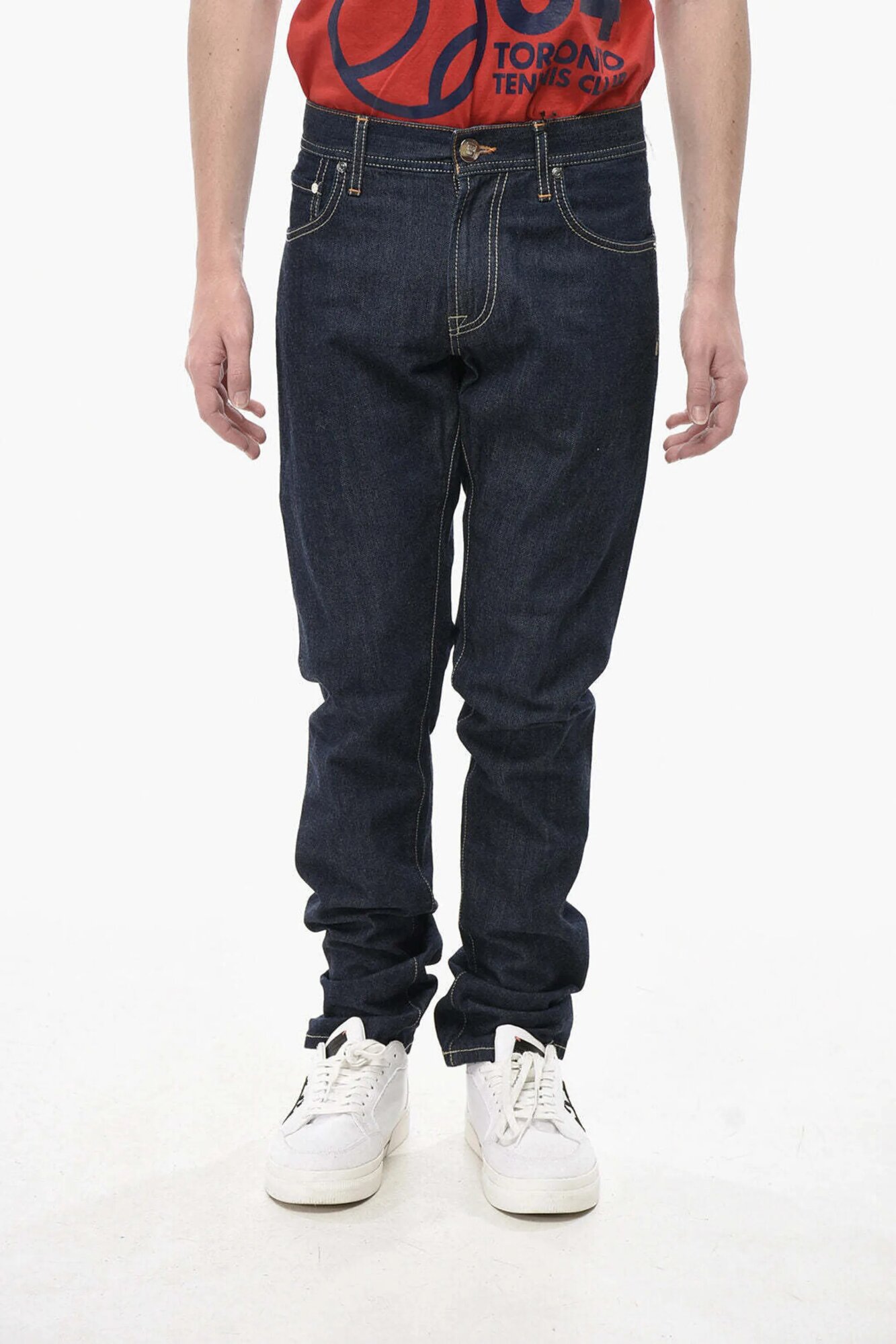 Джинсы Corneliani Contrasting-stitch slim-fit denim jeans