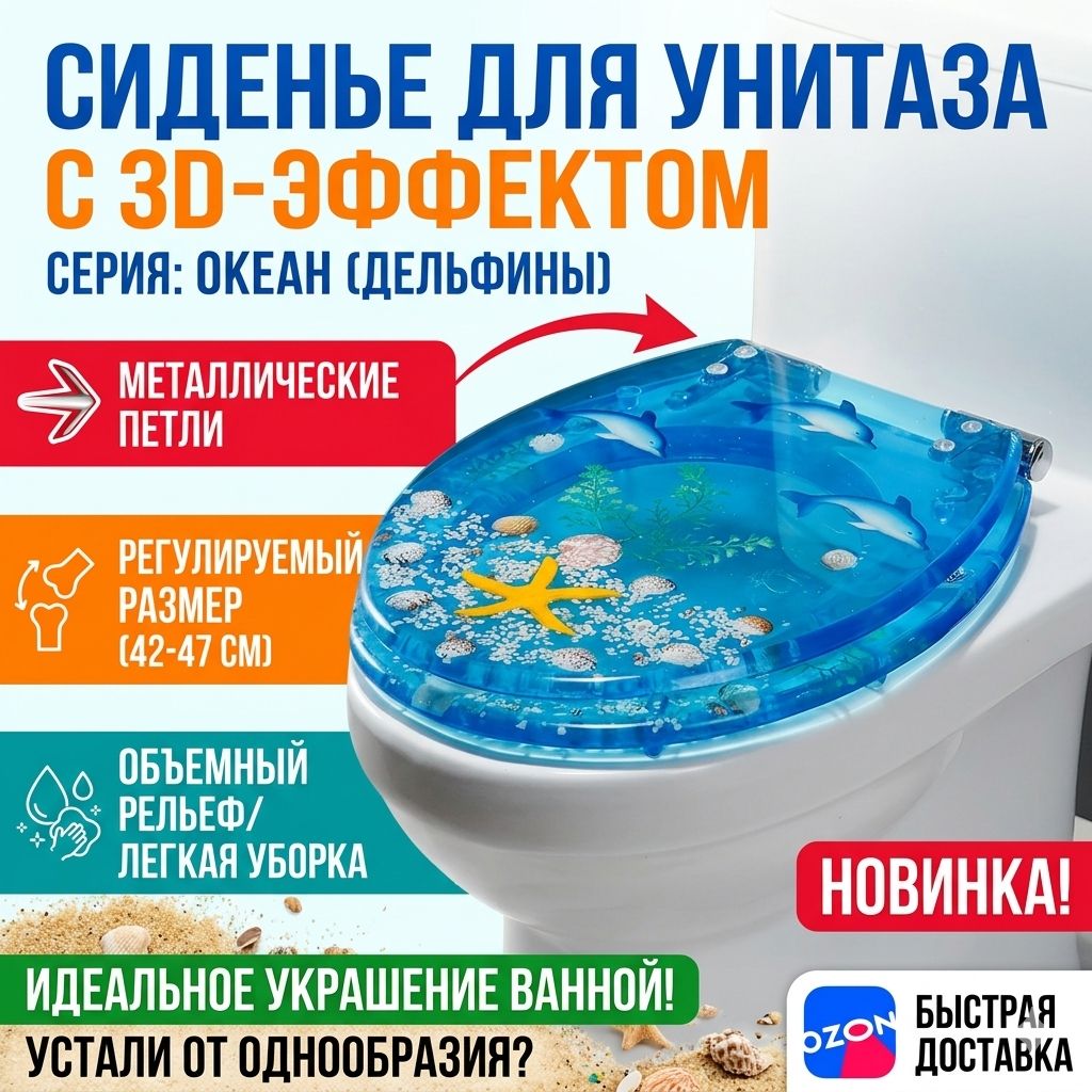 Сиденье для унитаза 3D "Океан" из смолы: декоративная крышка с эффектом моря