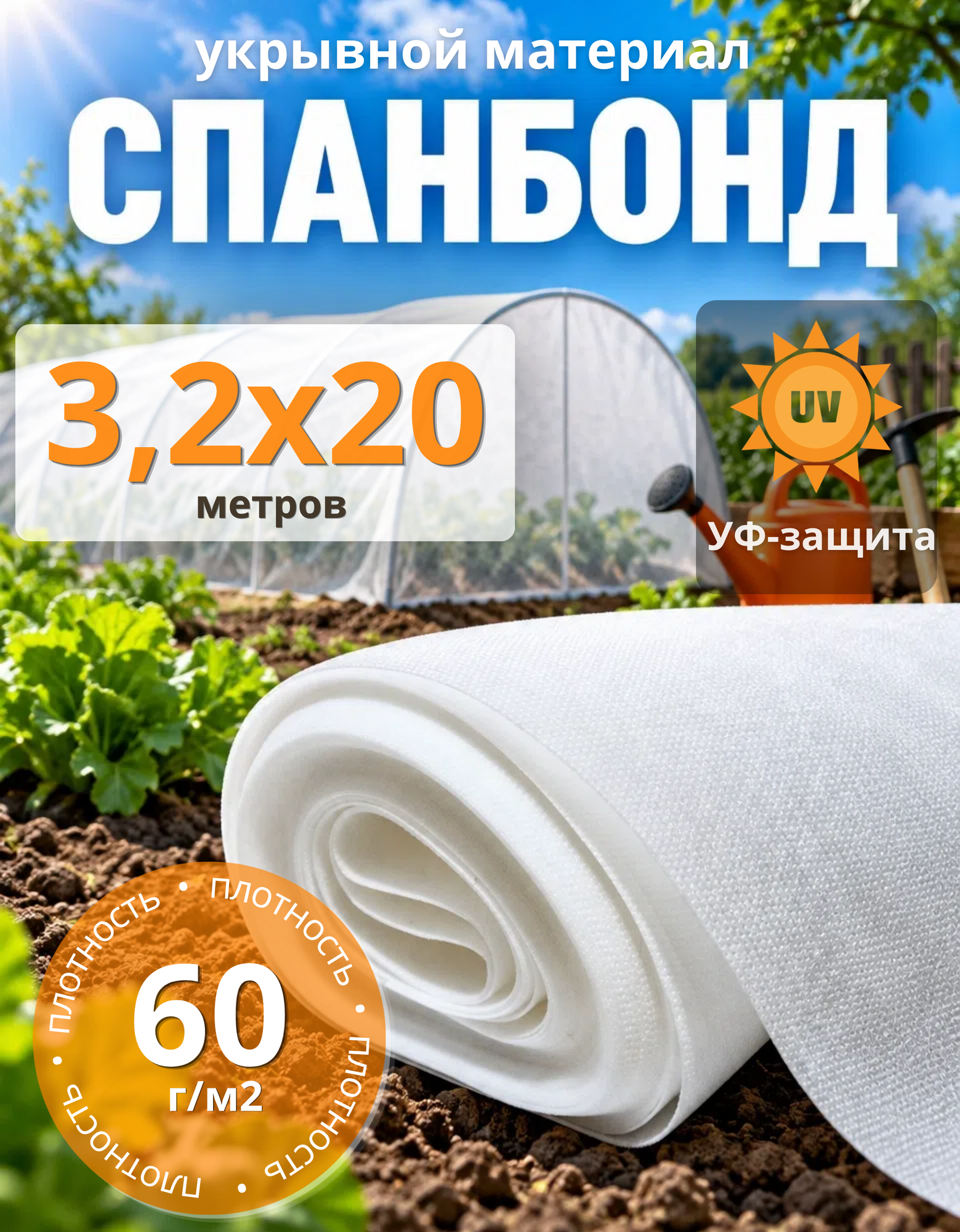 Спанбонд укрывной материал для растений плотность 60г/м2, размер 3,2х20м, белый