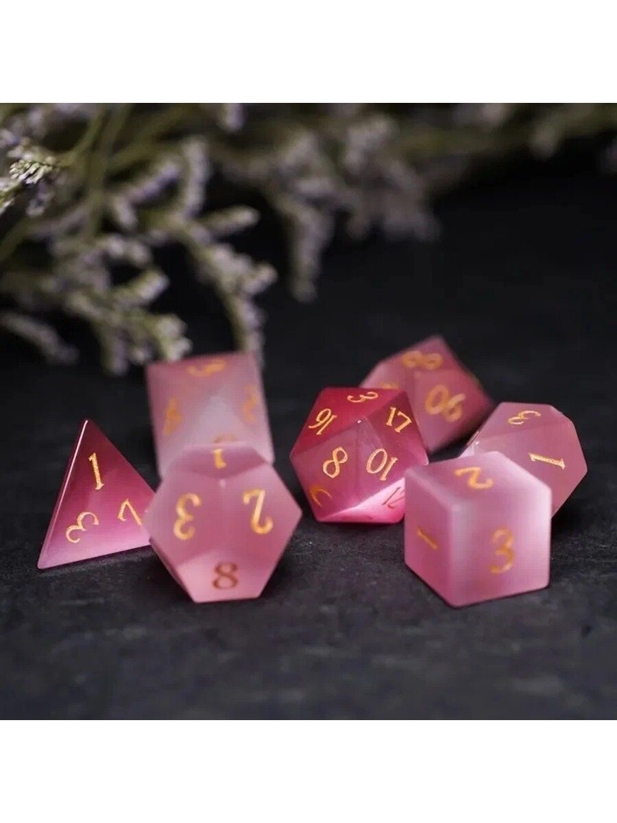Набор игральных костей DnD из натурального розового кошачьего глаза, 7 штук