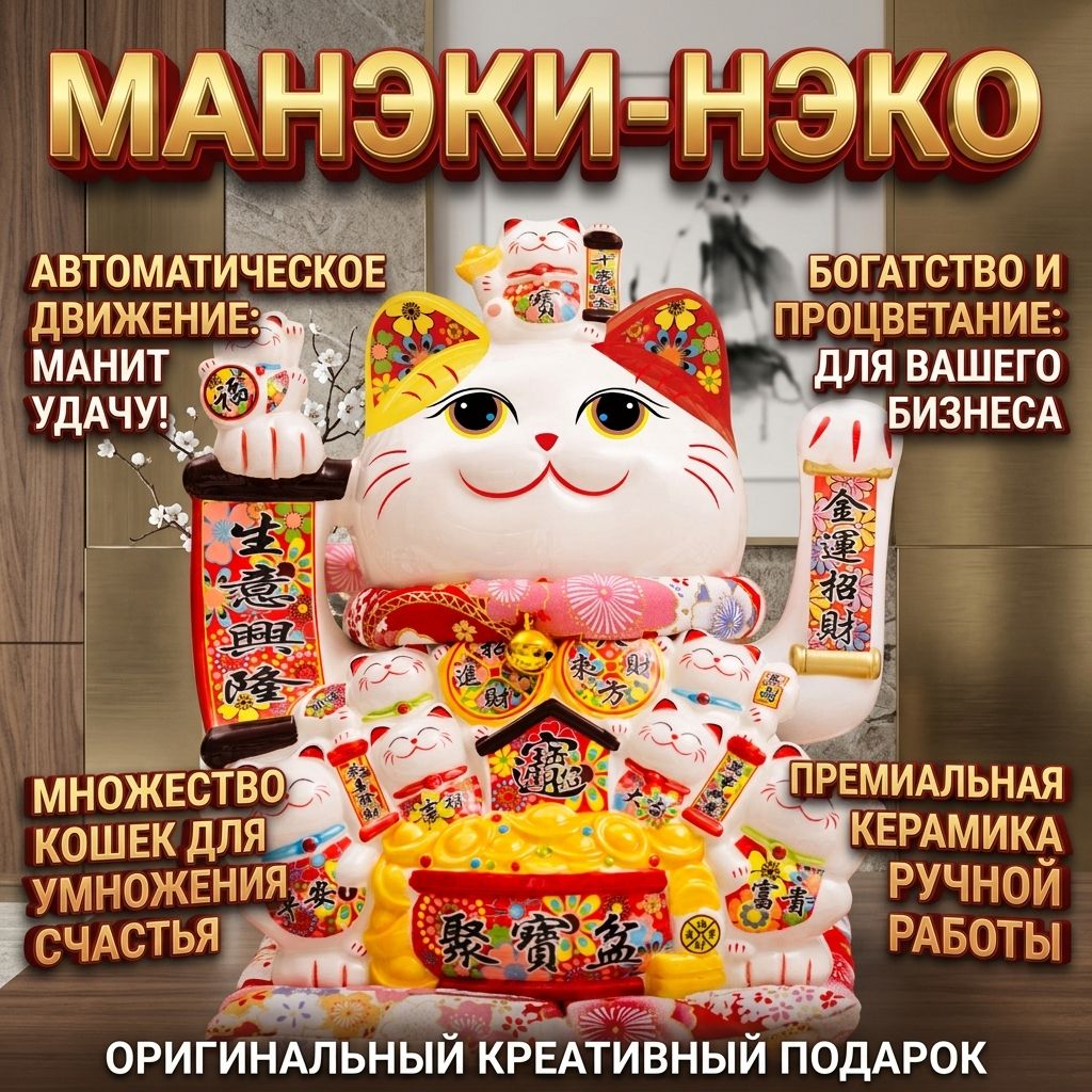 Маятник "Манеки Нэко", кот машущий лапой. 32 см. керамика