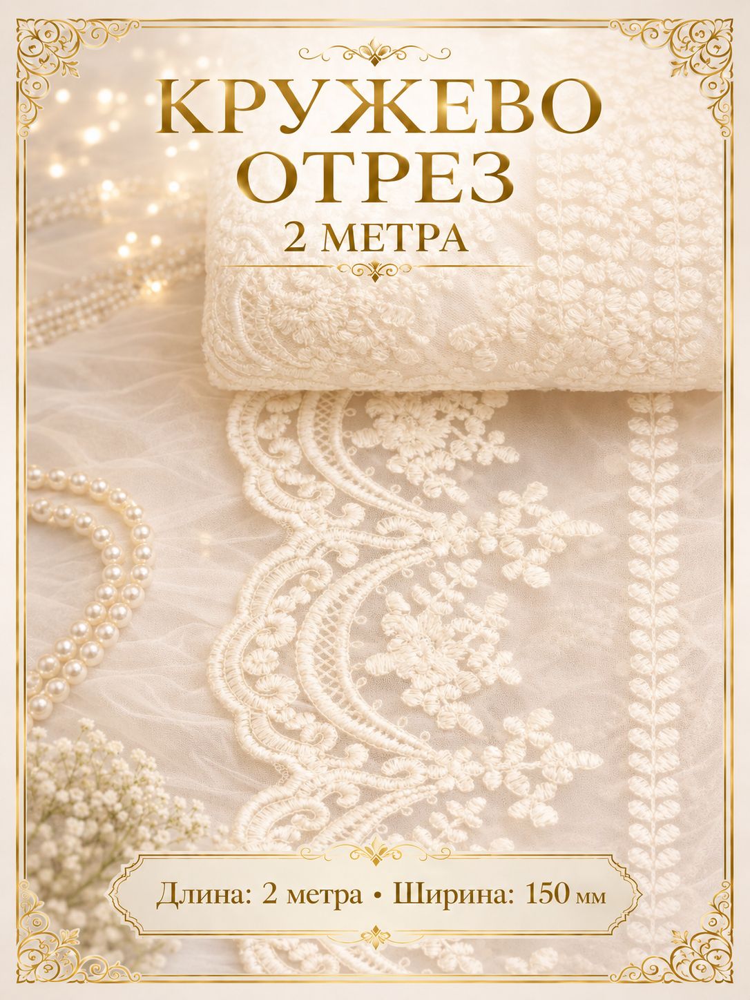 Кружево на сетке LUXIA широкое 15 см, отрез 2 м айвори для шитья рукоделия и декора