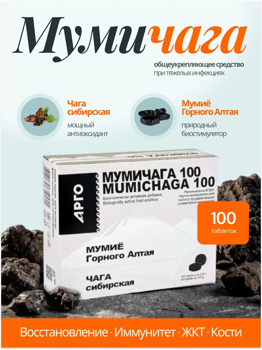 Мумичага 100, мумиё алтайская и сибирская чага, 100 таб апифарм