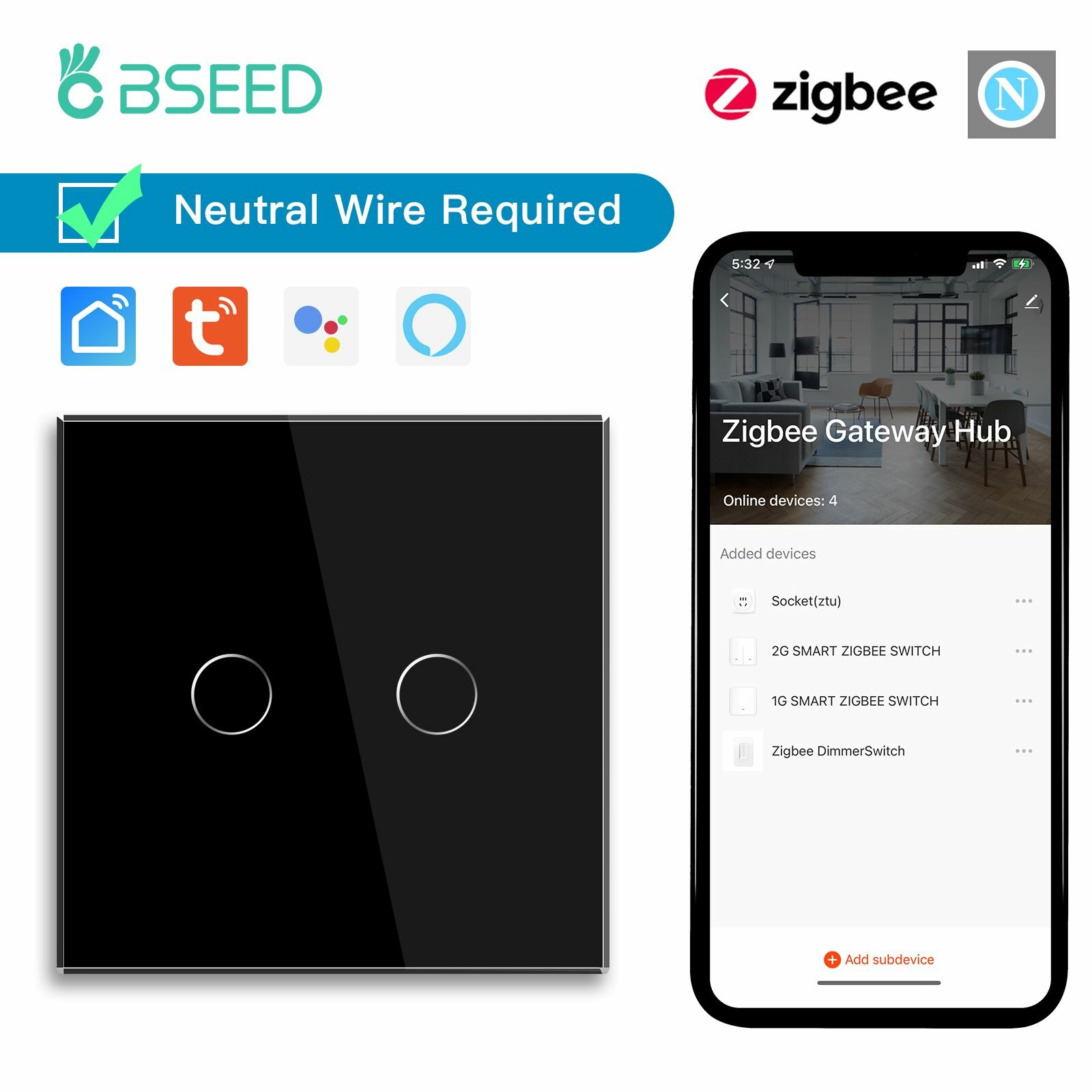Сенсорный выключатель умный, Zigbee, Два клавиши, с Алисой, голосовое управление, с панелью из закаленного стекла,86mm умный дом 86-й двухклавишный