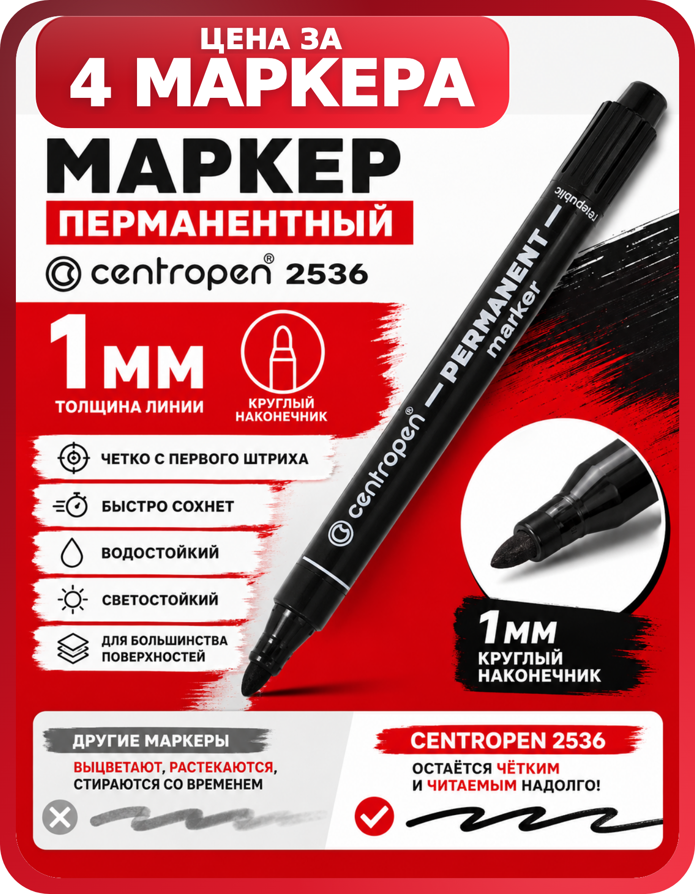 Быстросохнущие маркеры черные 1 мм, 4 шт
