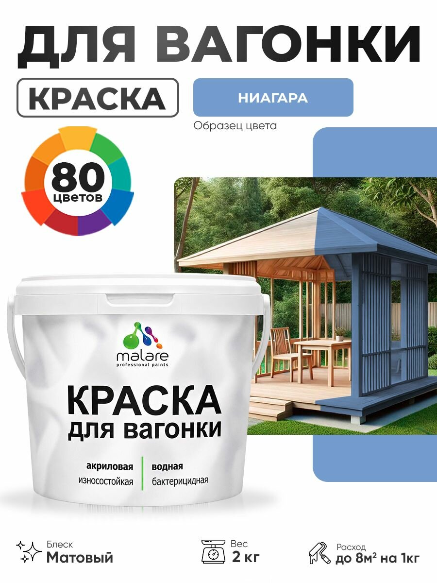 Акриловая краска для вагонки Malare для дерева, для фасадов и интерьера с антисептическим эффектом, быстросохнущая, без запаха, матовая, ниагара, 2 кг