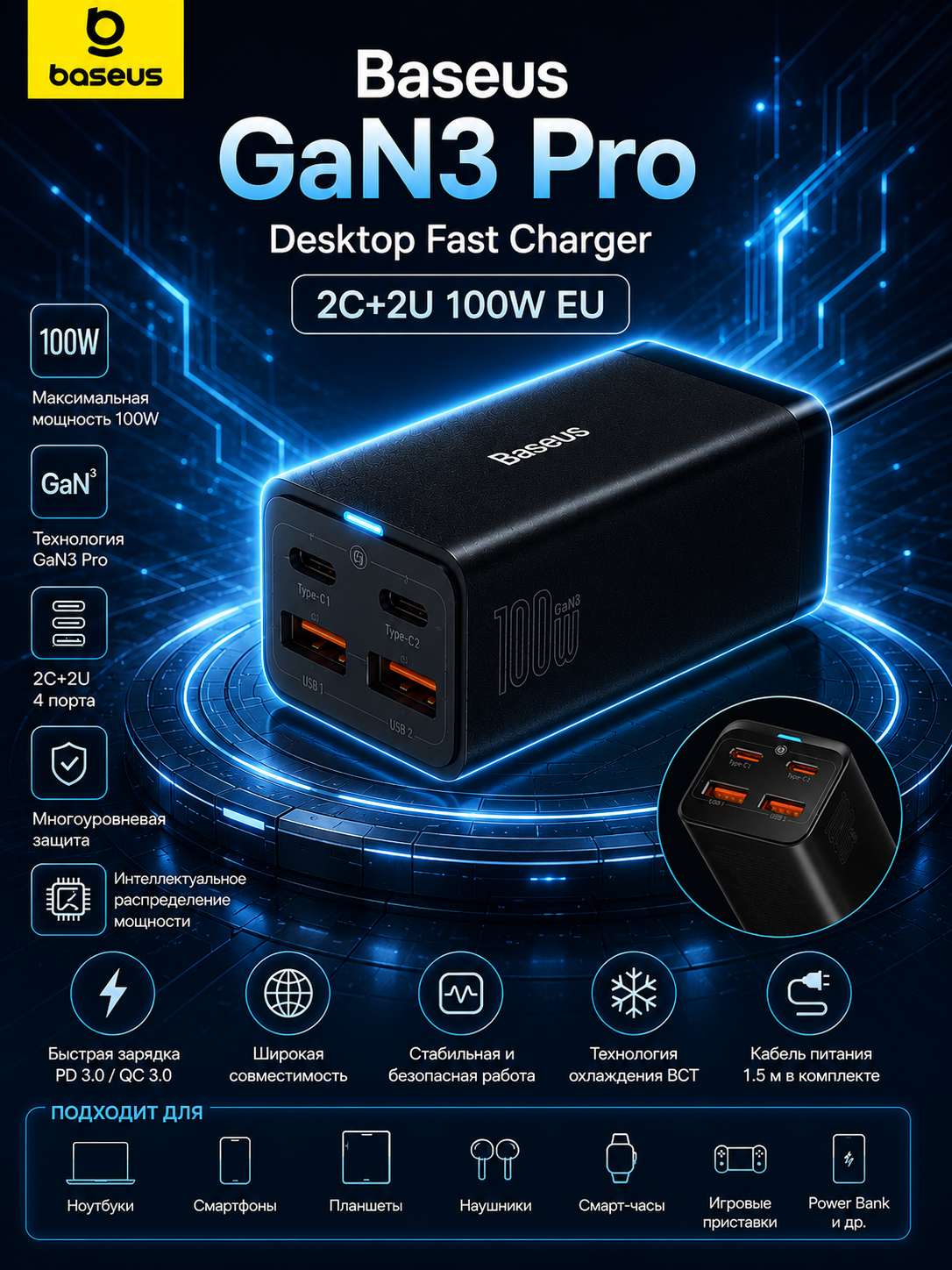 Сетевое зарядное устройство Baseus GaN3 Pro Desktop Fast Charger 100W (2×USB-C + 2×USB-A)/Черный