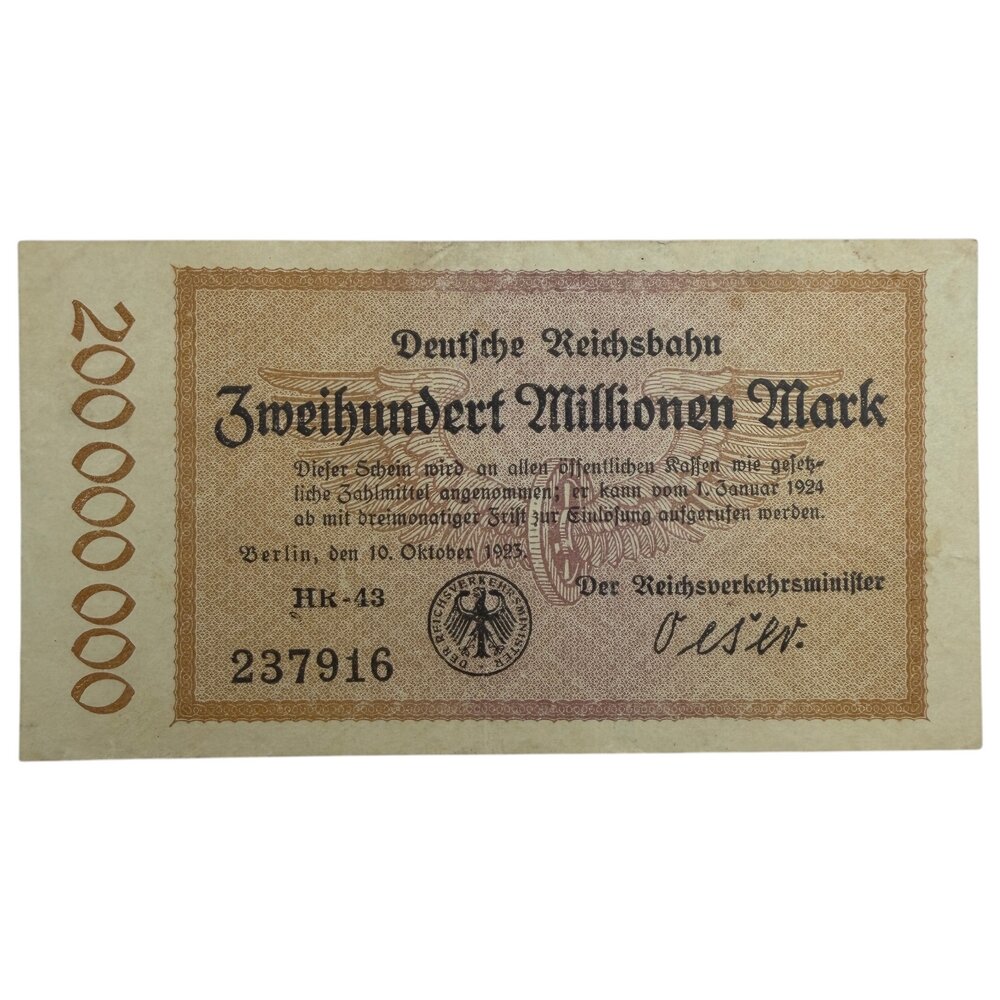 Веймарская республика, Берлин, железная дорога 200000000 марок 1923 г. (Серия HR-43)