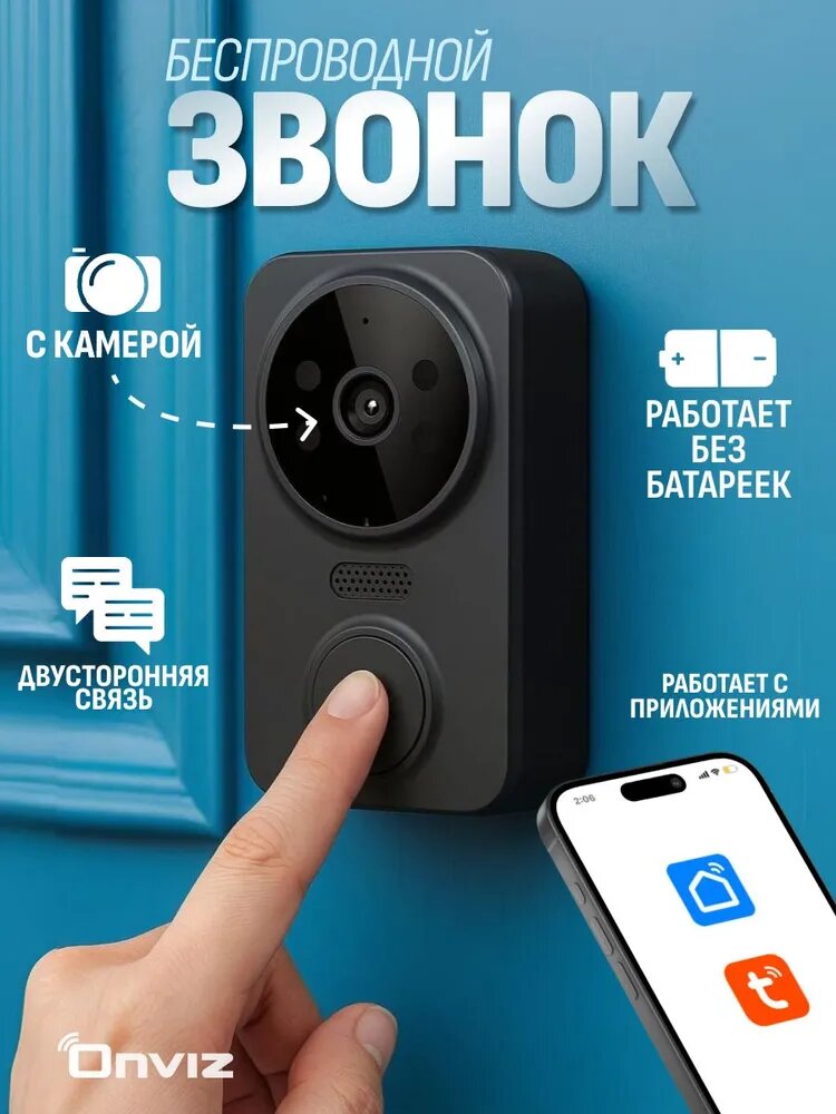 Видеоглазок Onviz для входной двери черный с wifi, беспроводной дверной видеозвонок с камерой и микрофоном