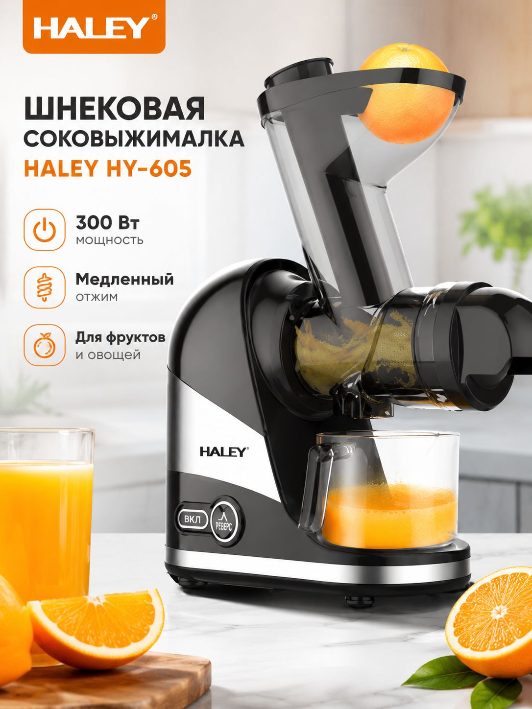 Шнековая соковыжималка HALEY HY-605, медленная соковыжималка мощностью 300 Вт