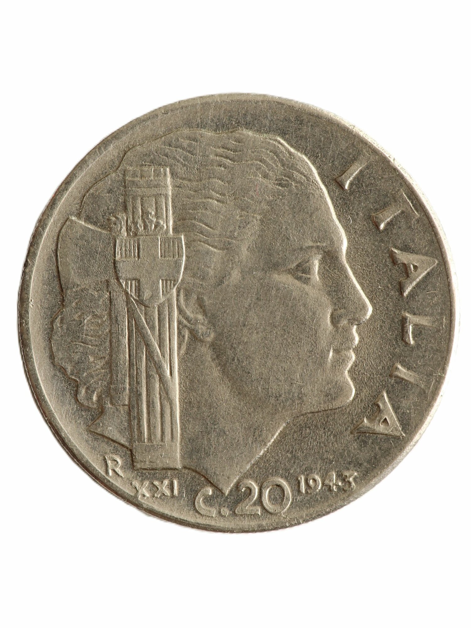 Подлинная монета Италии 20 чентезими 1943 года Король Виктор Эммануил III