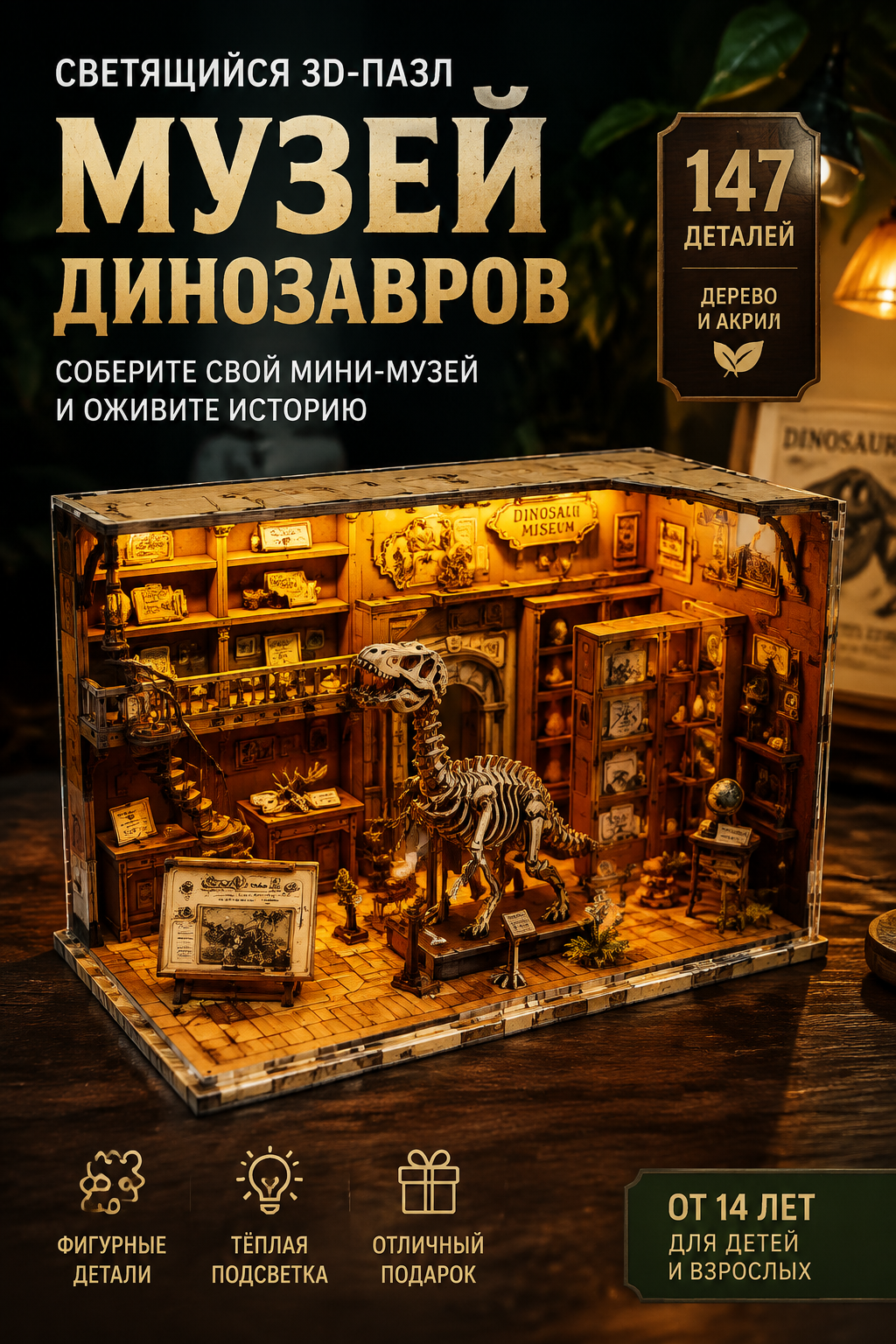 Светящийся 3D-пазл «Музей динозавров» из дерева и акрила, 147 деталей