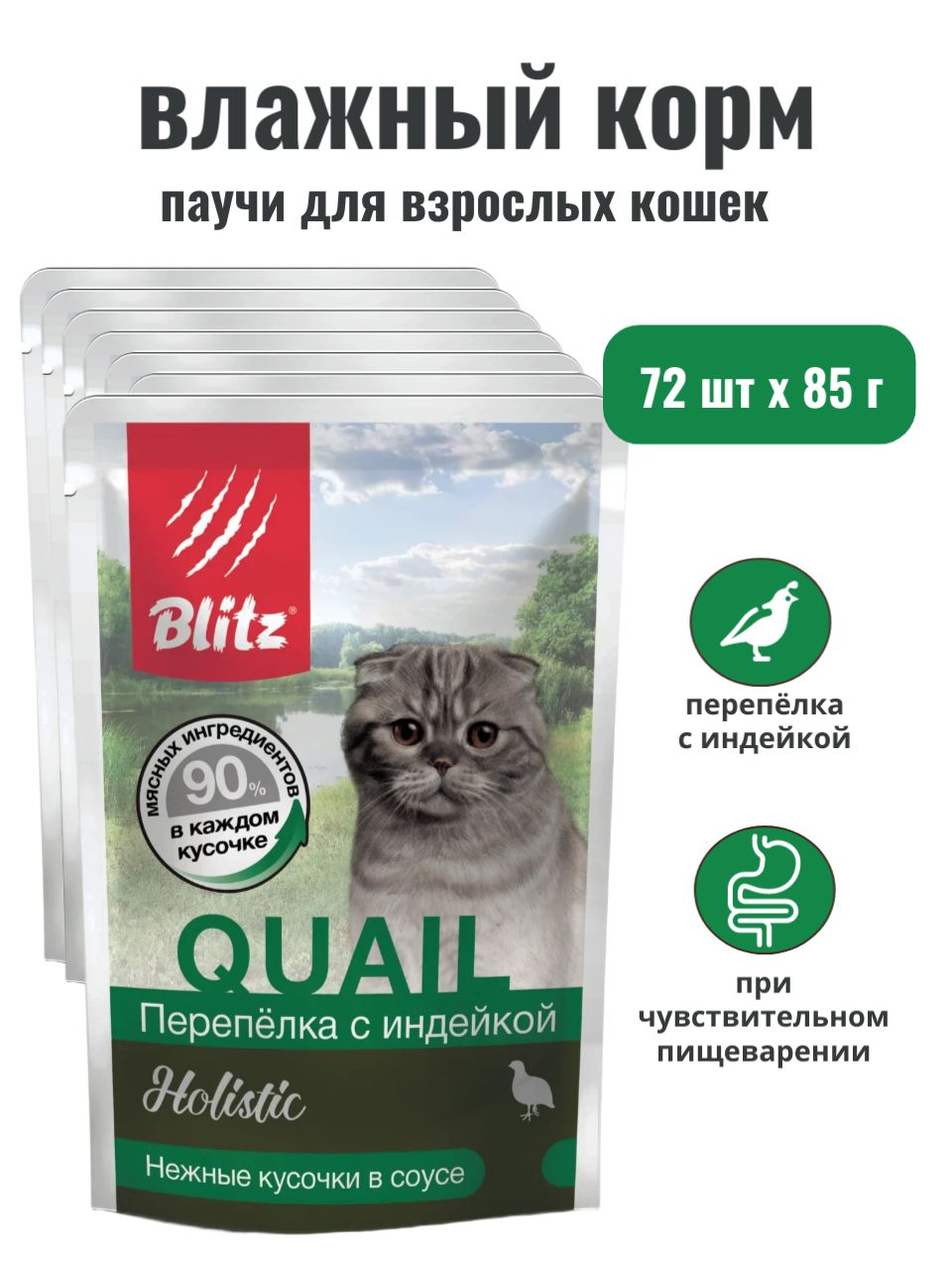 BLITZ консервированный влажный корм Holistic Adult Cat для кошек всех пород (перепёлка с индейкой) полнорационный,72 шт по 85 г