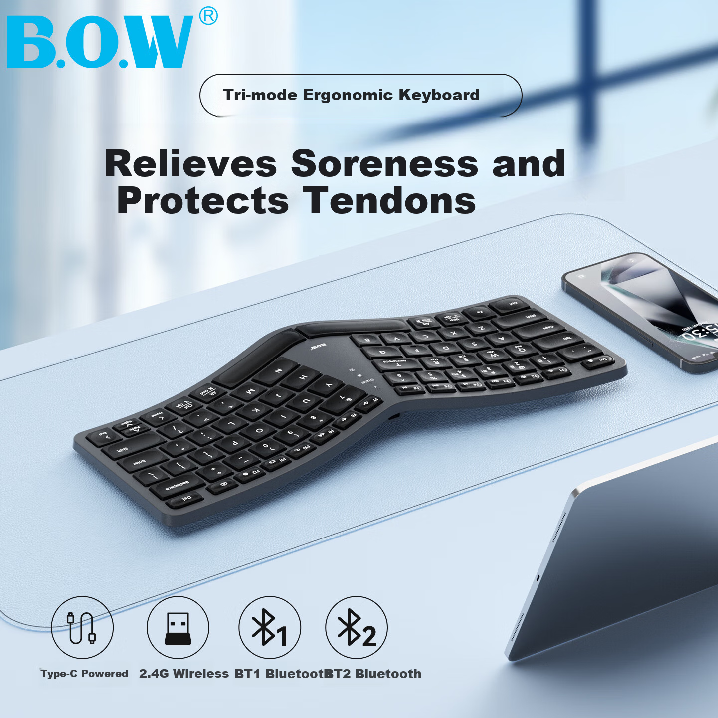 B.O.W Hangshi HD429CL Эргономичная трехрежимная Bluetooth-клавиатура для планшета iPad мобильного телефона тихая печать