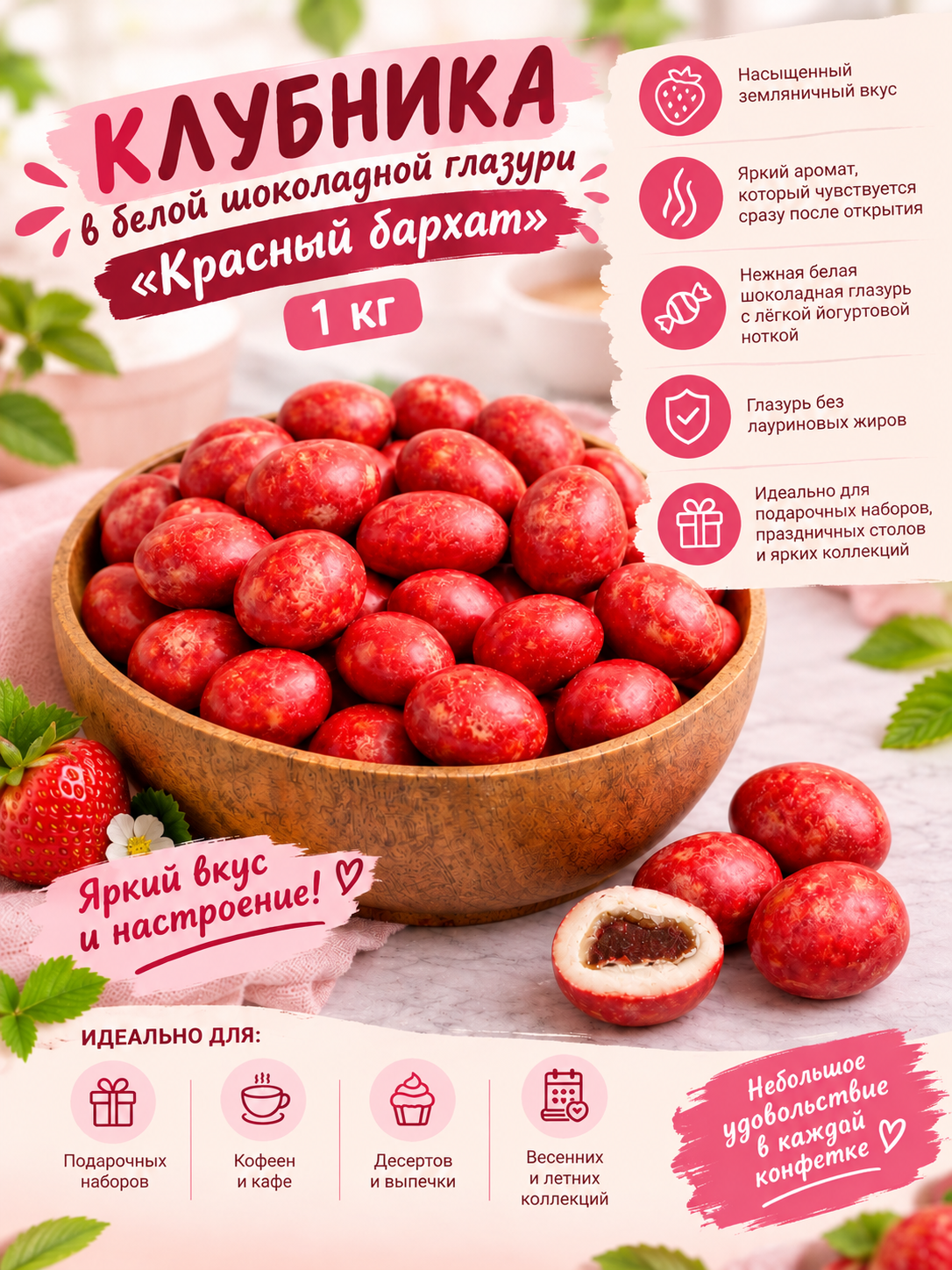 Клубника в белой шоколадной глазури "Красный бархат" 1000 гр.