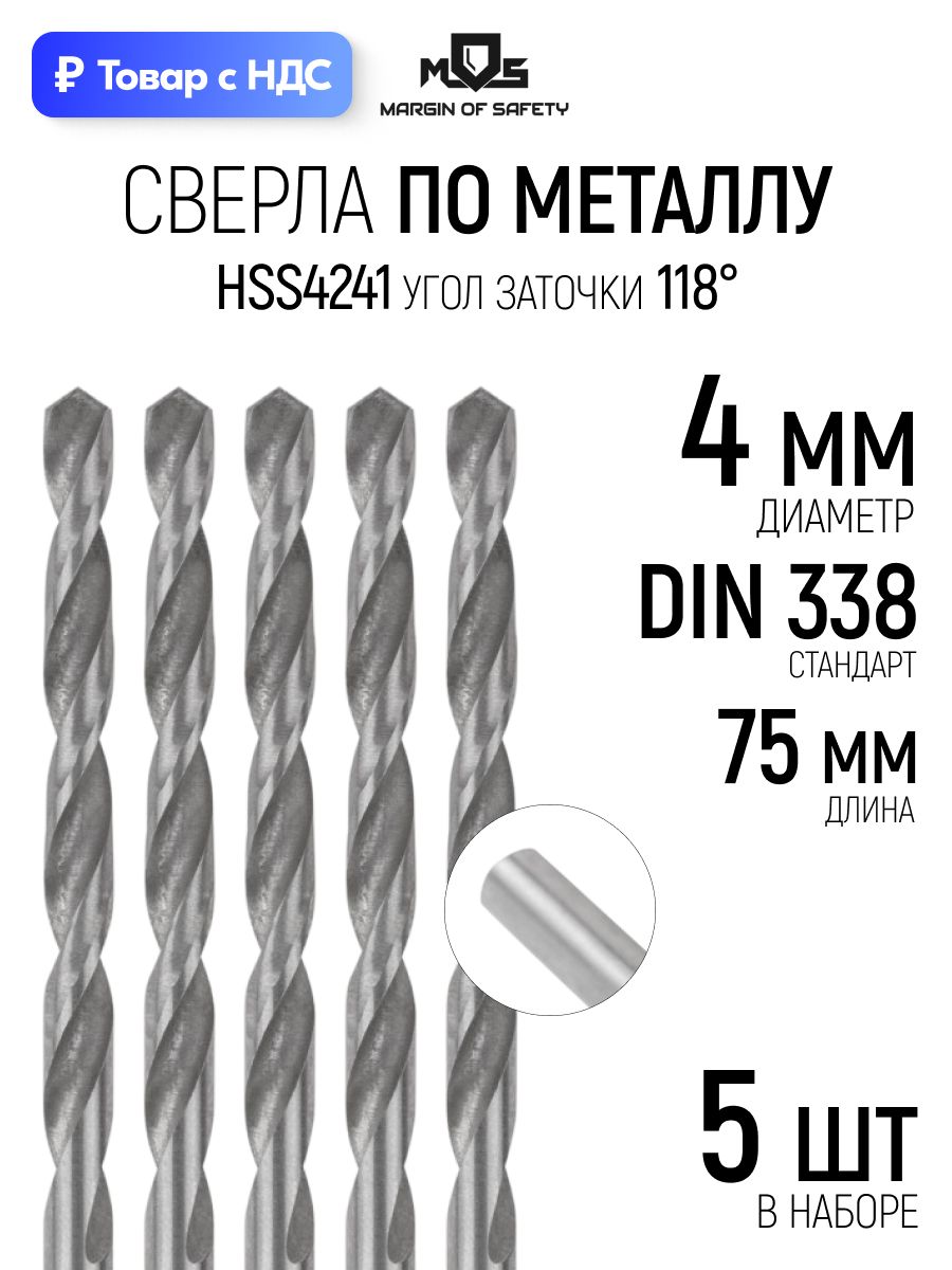 Набор сверл по металлу 4х75 мм (5 шт), сталь HSS 4241, угол заточки 118, цилиндрический хвостовик, полированные MOS