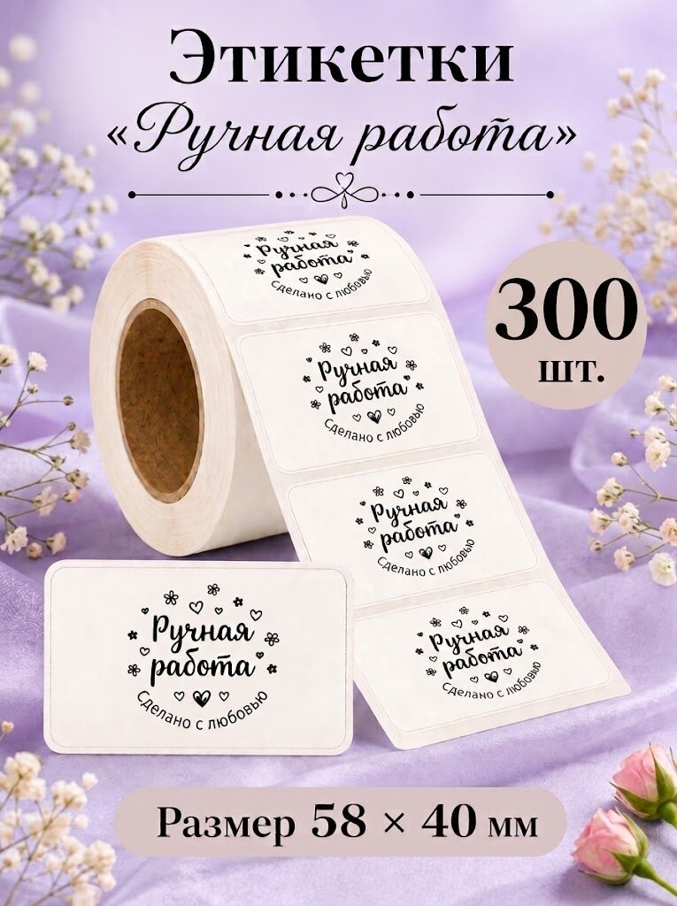 Этикетка HOMERA "Ручная работа, сделано с любовью", термоэтикетка, белая, 58 x 40 мм, 300 шт
