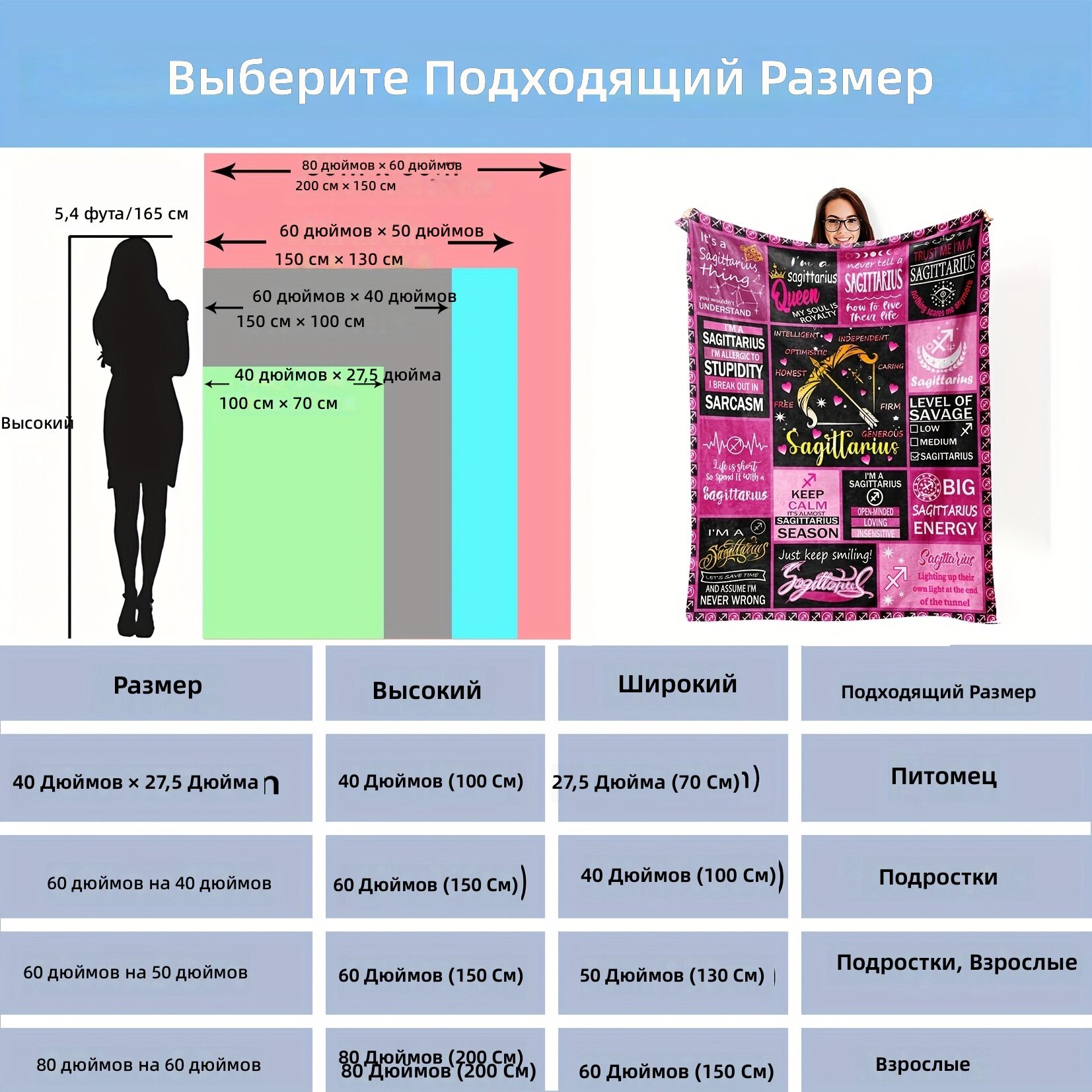 Плед со знаком зодиака Стрелец, многоцветный, 40 x 27.5 дюймов