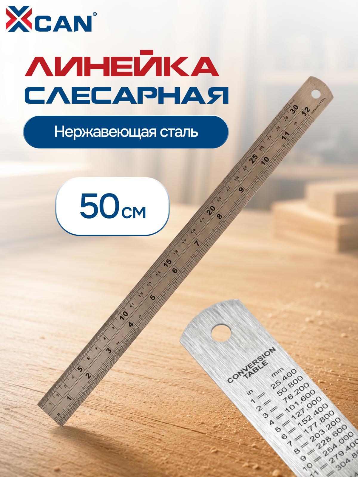 Линейка слесарная 500 мм 20", из нержавеющей стали, двусторонняя шкала и таблица конвертации