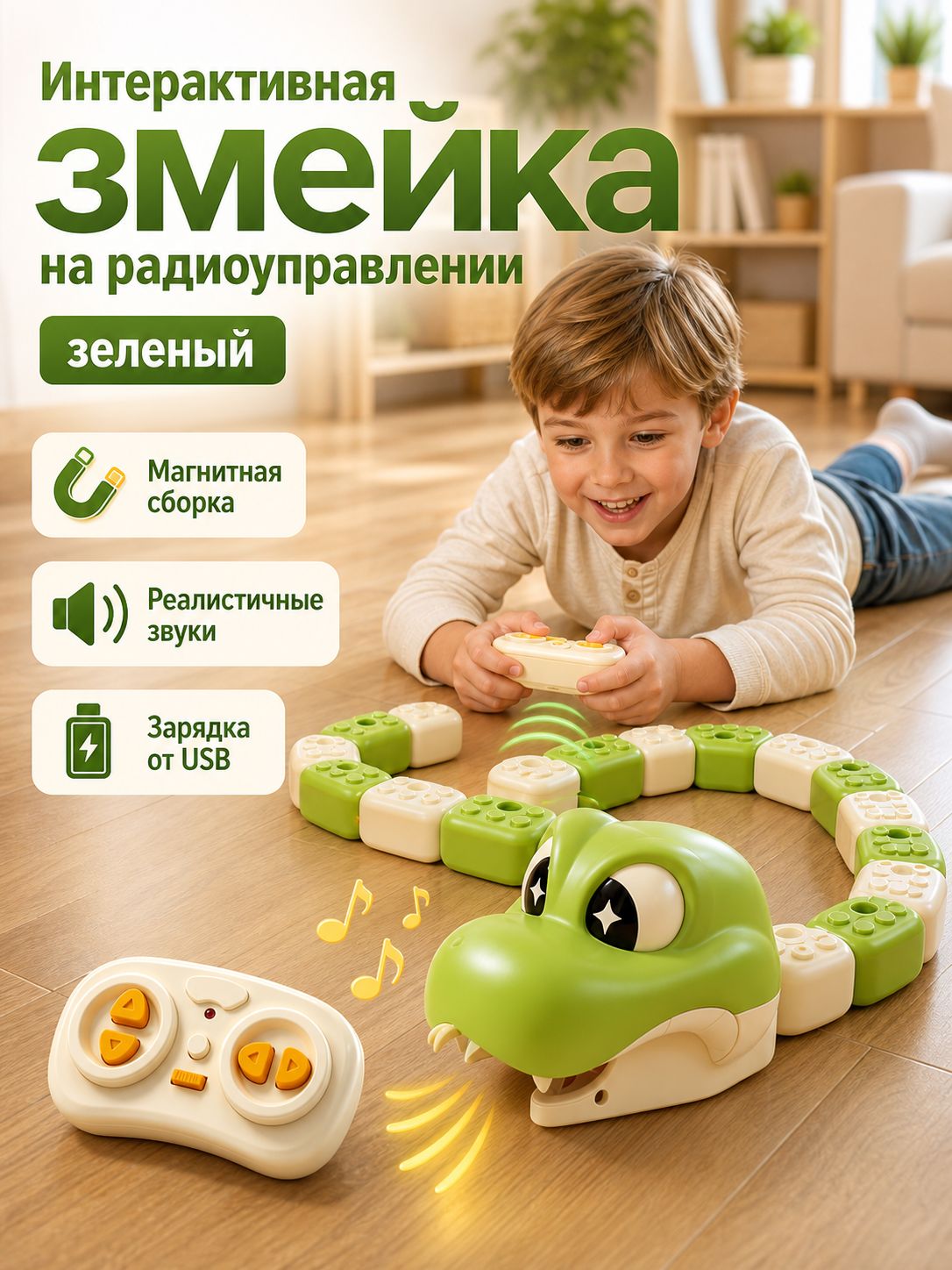 Развивающая игрушка-конструктор "Магнитная змейка" на радиоуправлении, зеленая