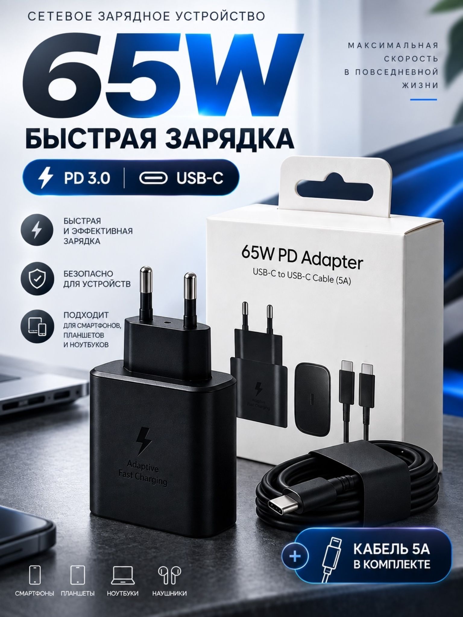 Блок питания, сетевой адаптер 5А 65W PD Power Adapter USB-C, черный