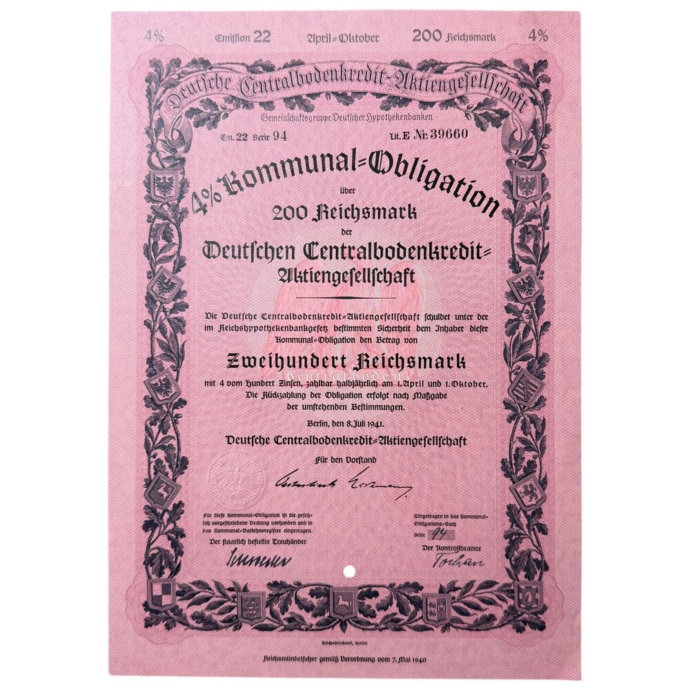 Третий Рейх, Deutsche Centralbodenkredit, облигация на 200 марок 1941 г. (Серия 22, 94, E)