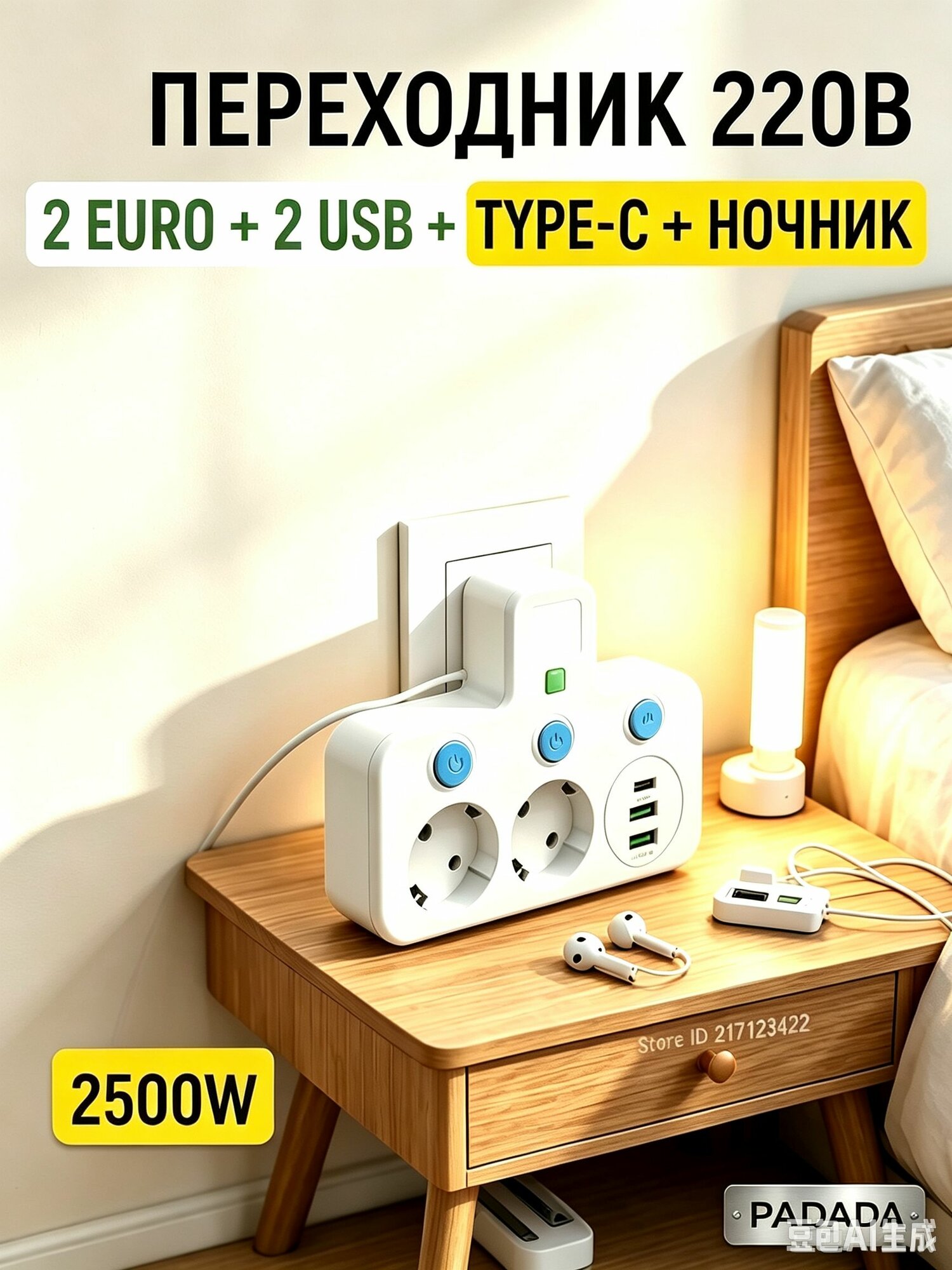 Тройник-разветвитель для розетки с 2 евророзетками, 2 USB, Type-C и ночником, 2500W
