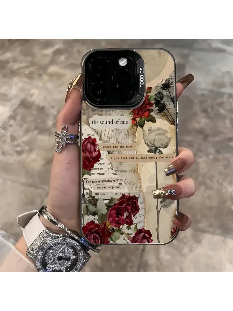 Чехол на IPHONE 15 чёрный Красная роза в стиле ретро