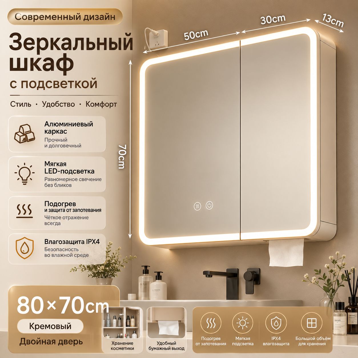 Зеркальный шкаф для ванной в форме дуги с интеллектуальным противозапотевающим освещением,70,80, хаки